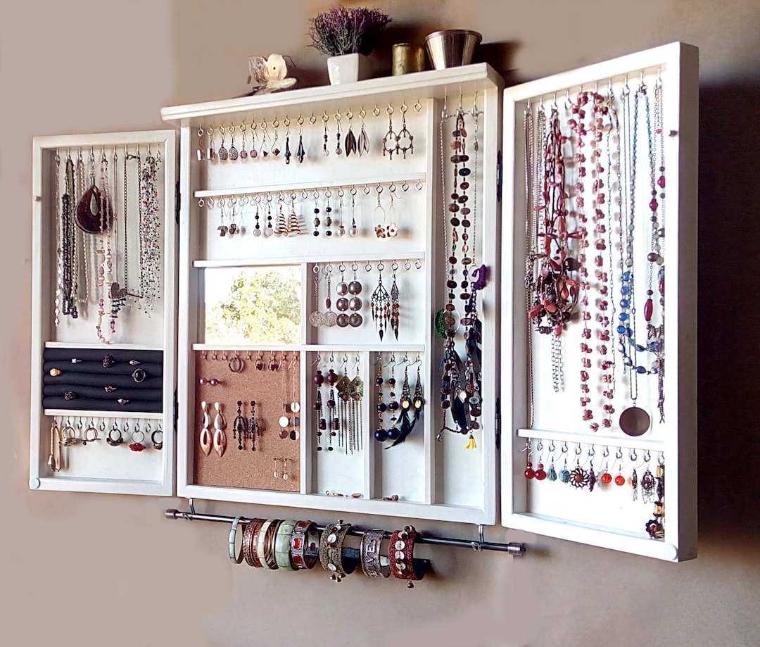 Jewelry Cabinet. Large Earrings Case Jewelry Storage. Wall Mounted Earring Organizer. Earrings Storage Etsy