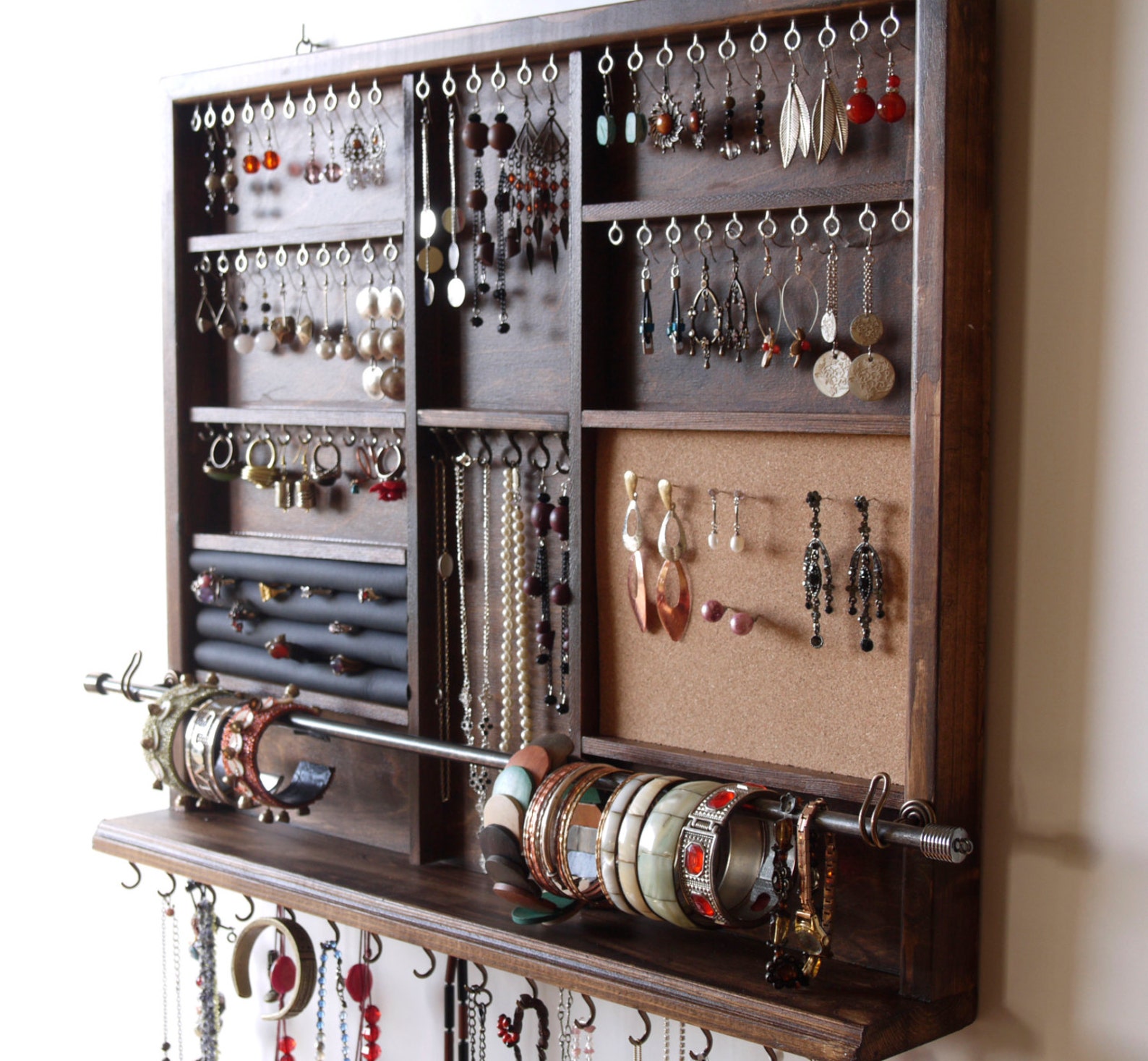 Large Earrings Display Shelf. WALNUT Jewelry Storage.wooden Wall Mount ...