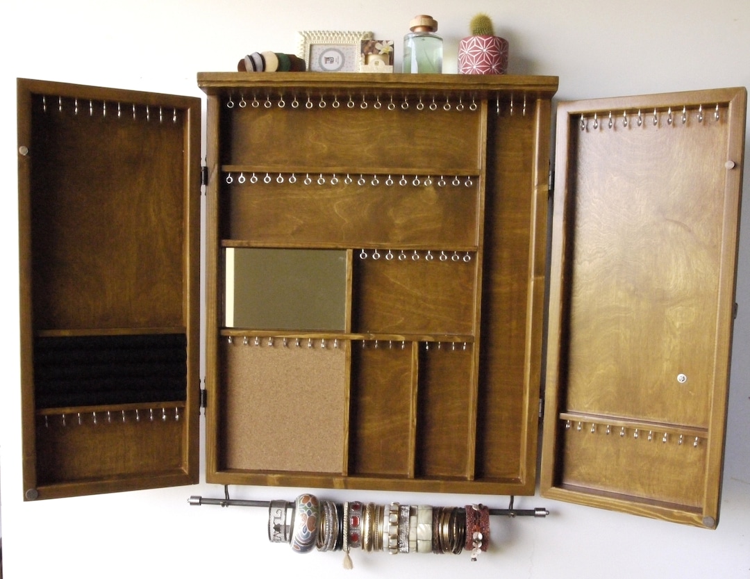 Jewelry Cabinet/ Wooden Rack/wall Mounted Earrings Storage /TEAK Stain ...