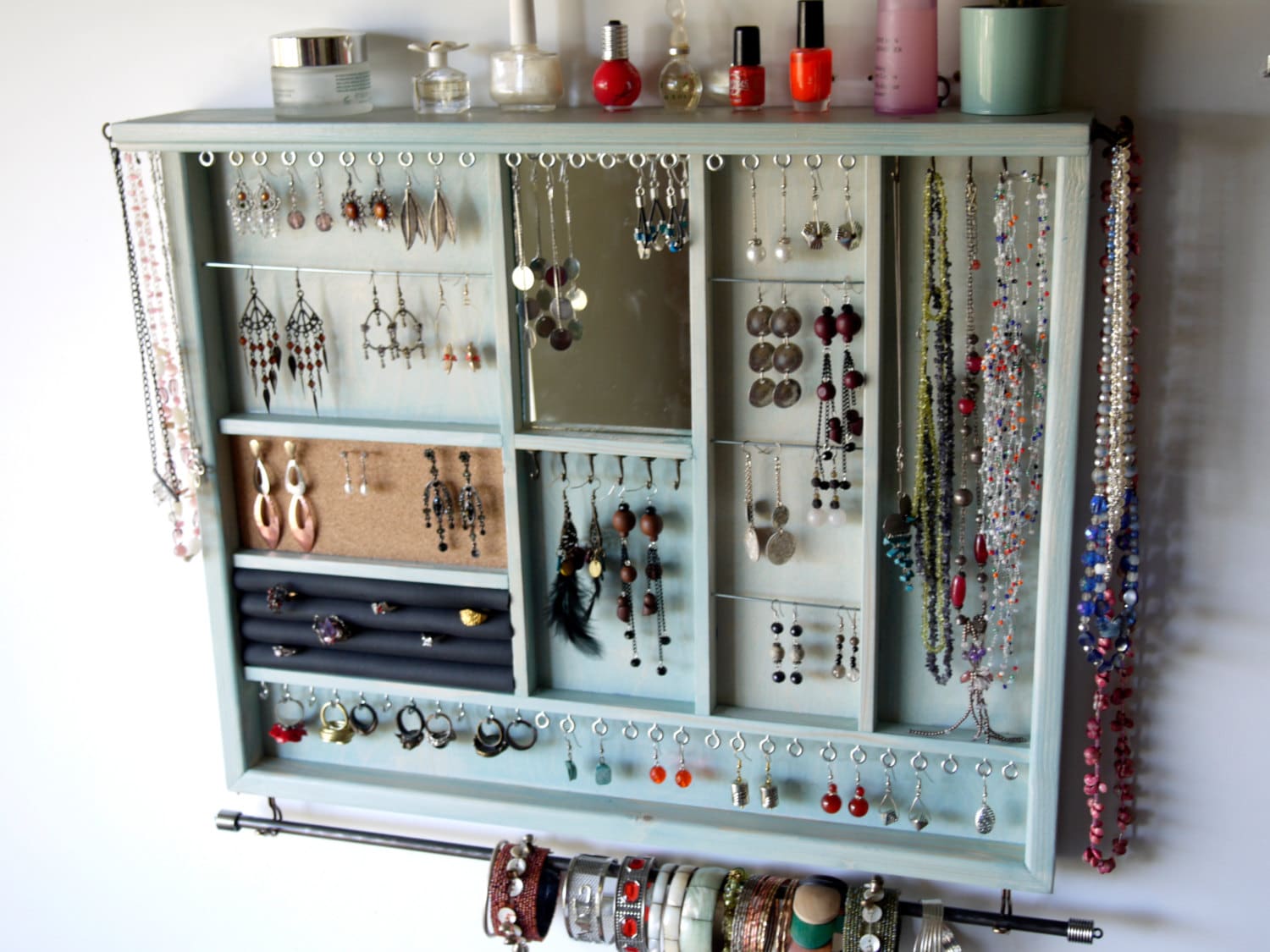Large Earrings Display With Shelf. AQUA Stain Jewelry Storage. Wooden ...