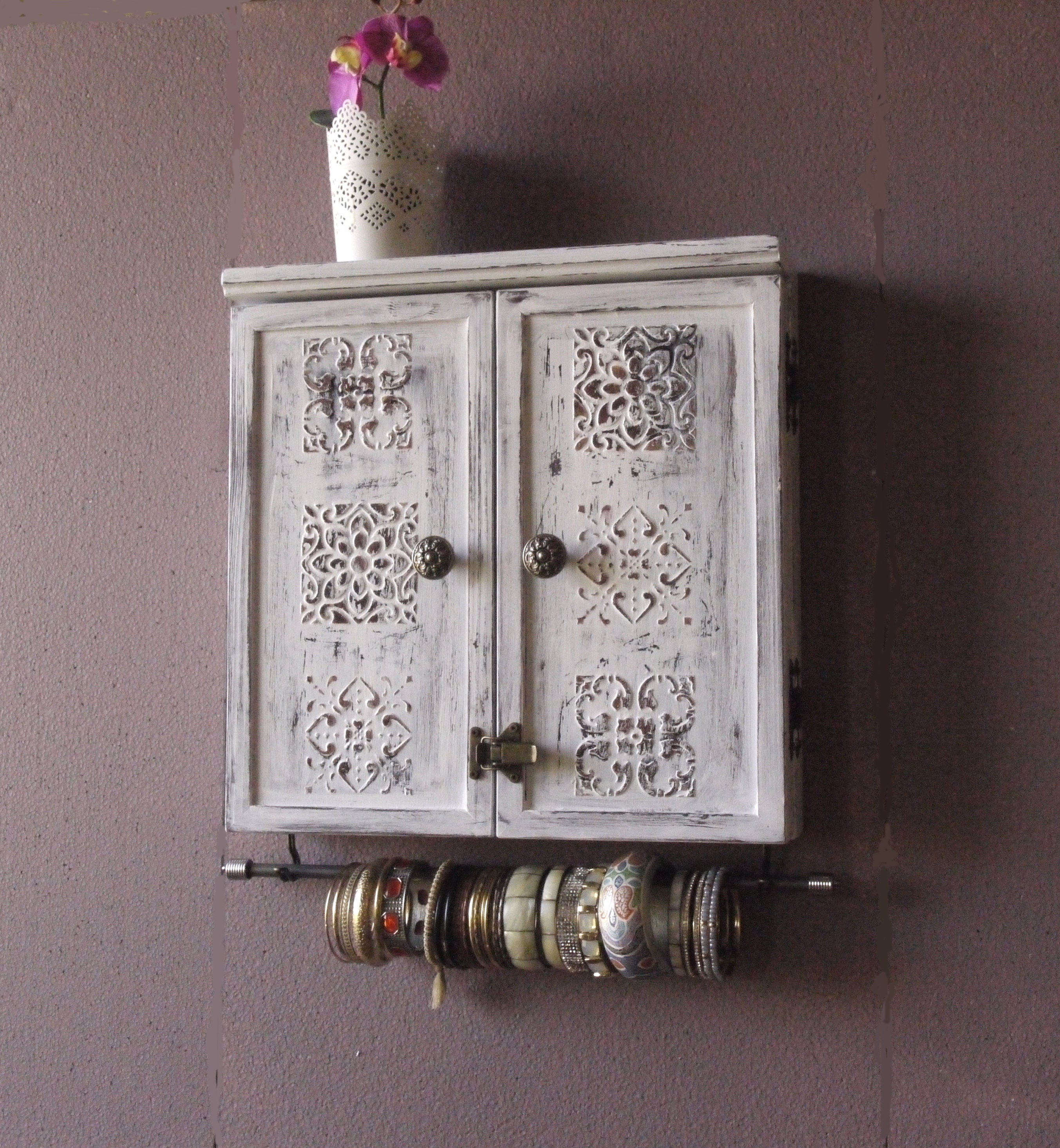 Jewelry cabinet. WHITE distressed jewelry case. Wooden wall | Etsy