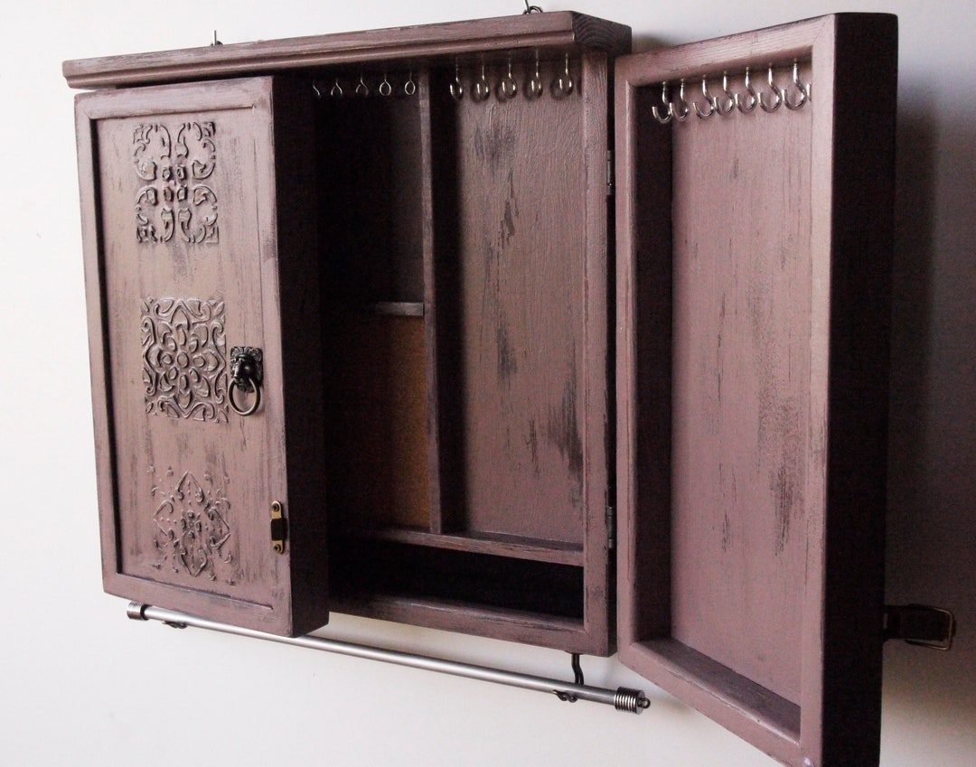 Jewelry Cabinet. Earrings Display With Doors. Light Mauve Wall Mounted ...