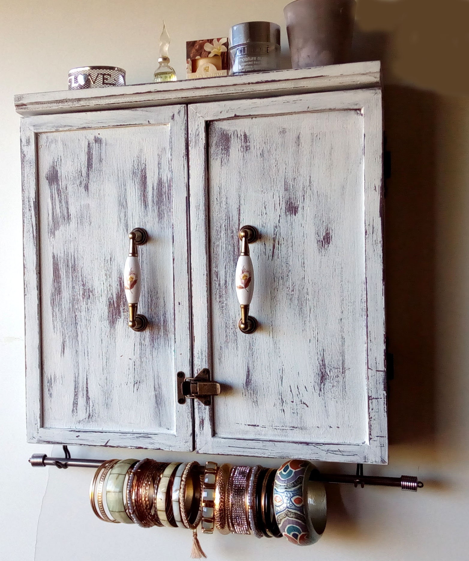 Jewelry cabinet. WHITE distressed jewelry case. Wooden wall | Etsy