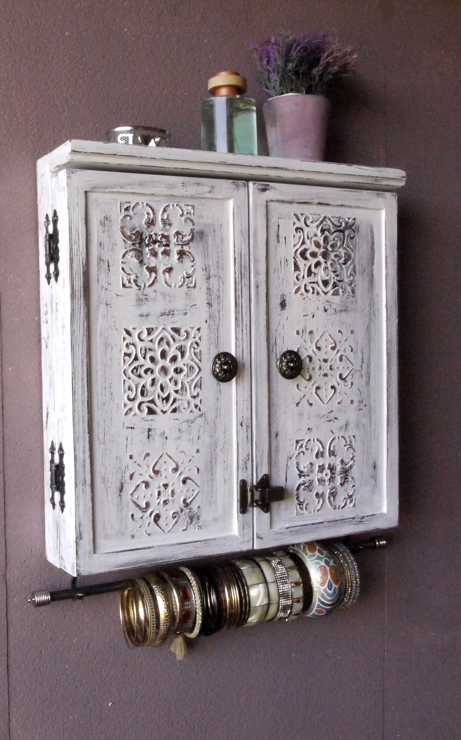 Jewelry Cabinet. WHITE Distressed Jewelry Case. Wooden Wall - Etsy