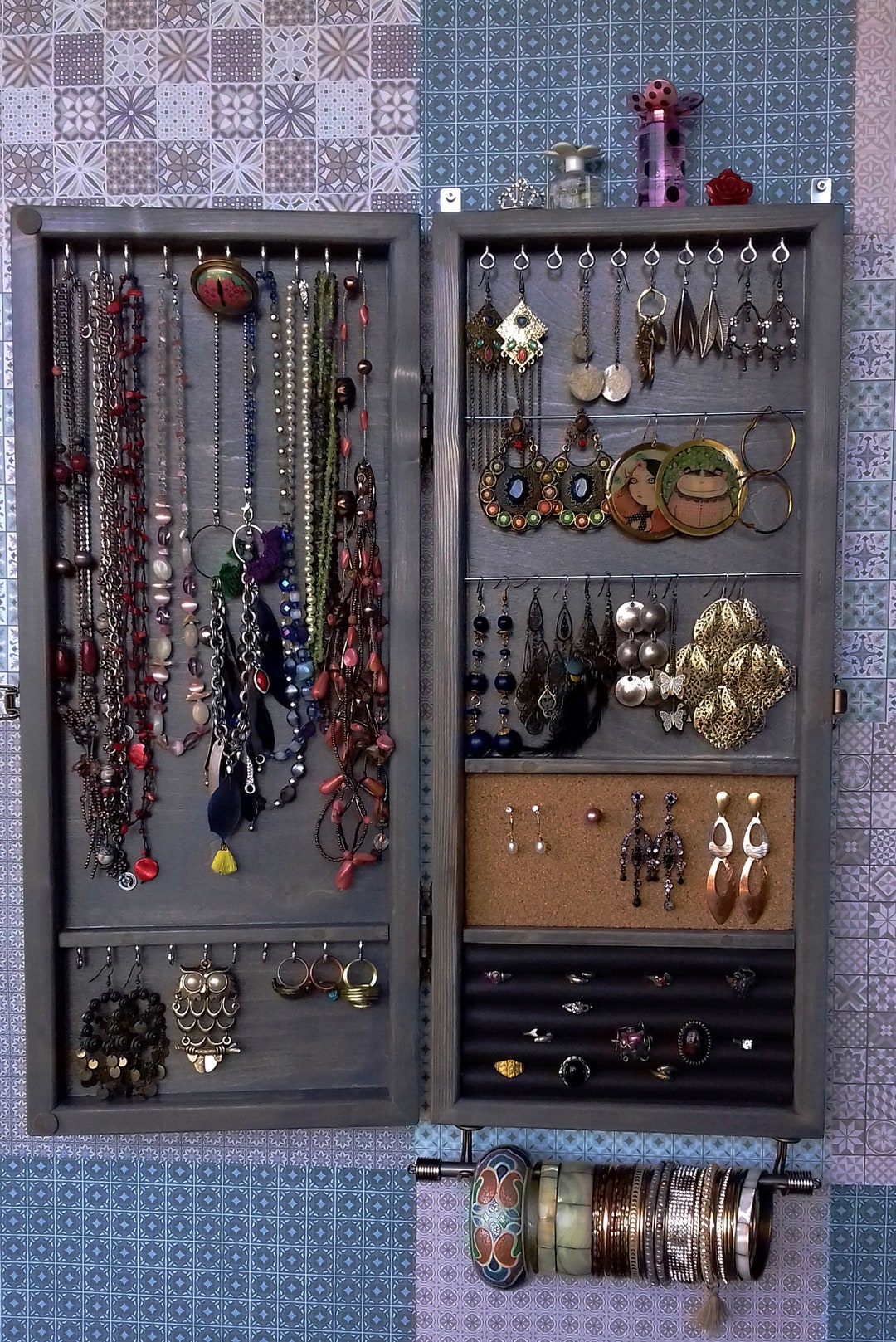 Jewelry Cabinet. Armoire/ Earring Holder/vertical/ GRAY Jewelry Storage ...