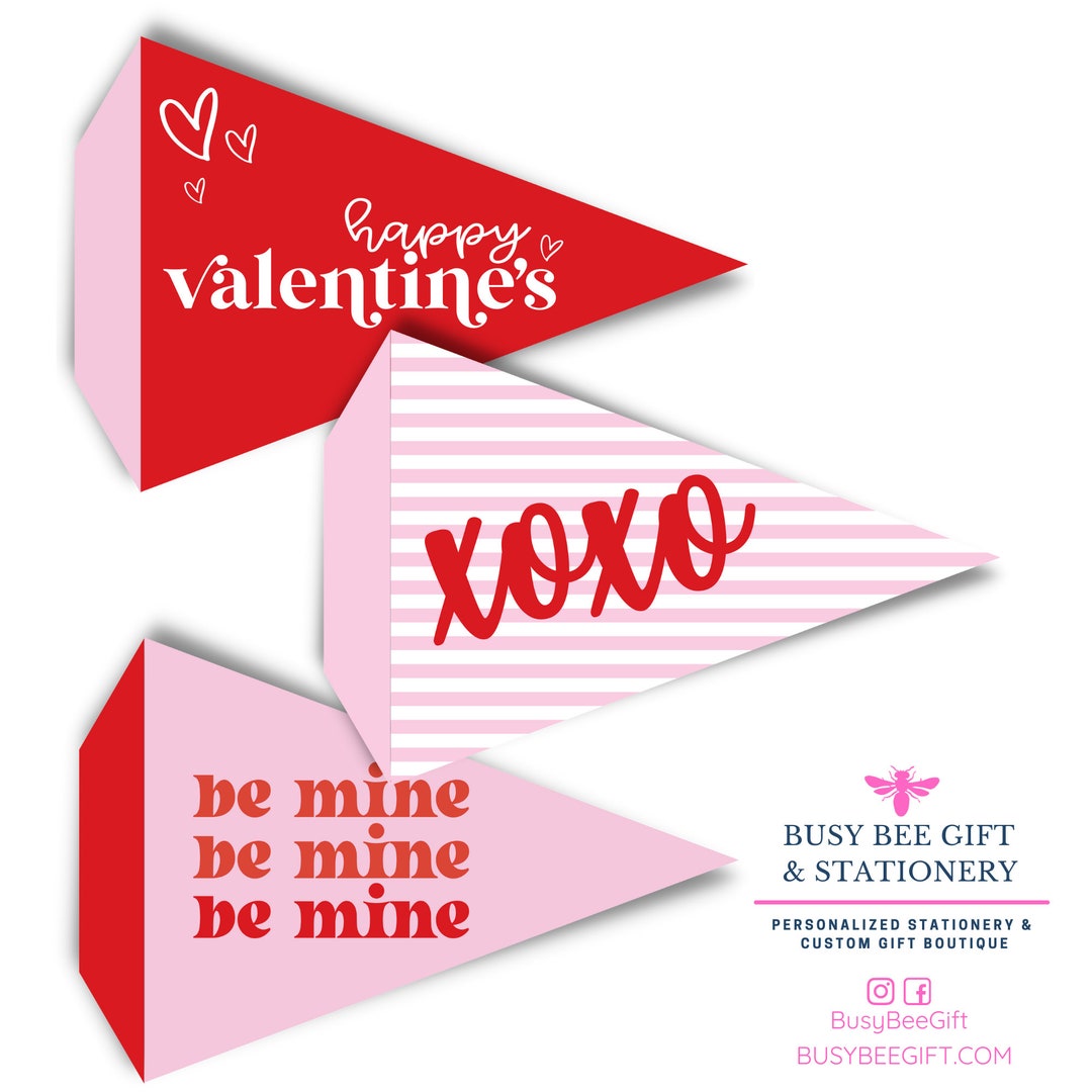 Valentine's Day Pennant Flags printable XOXO Be Mine Pink Red - Etsy