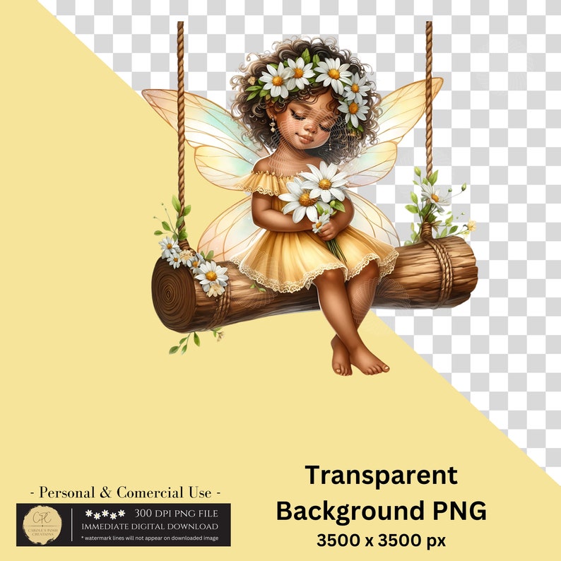 Yellow Daisy Watercolor Fairy Garden Clipart, African American Fairy ...