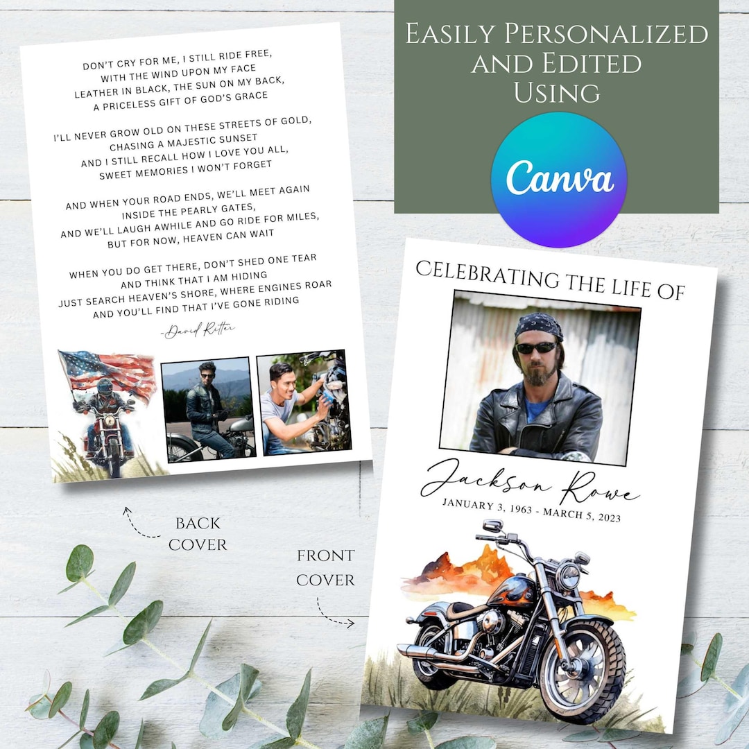 Editable Motorcycle Biker Photo Memorial Funeral Program Template ...