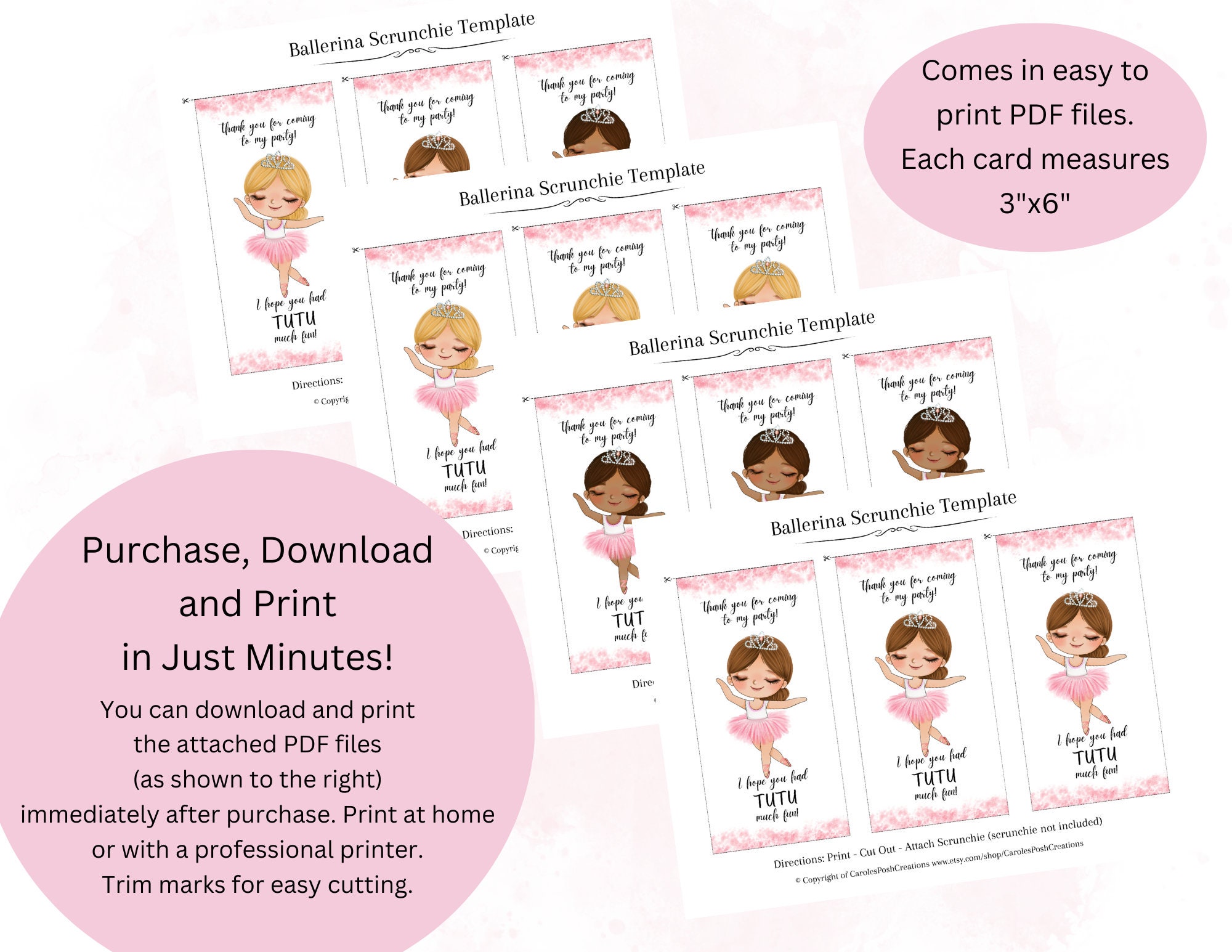 Ballerina Scrunchie Card Template, Ballet Dancer Party Favor, Ballerina ...