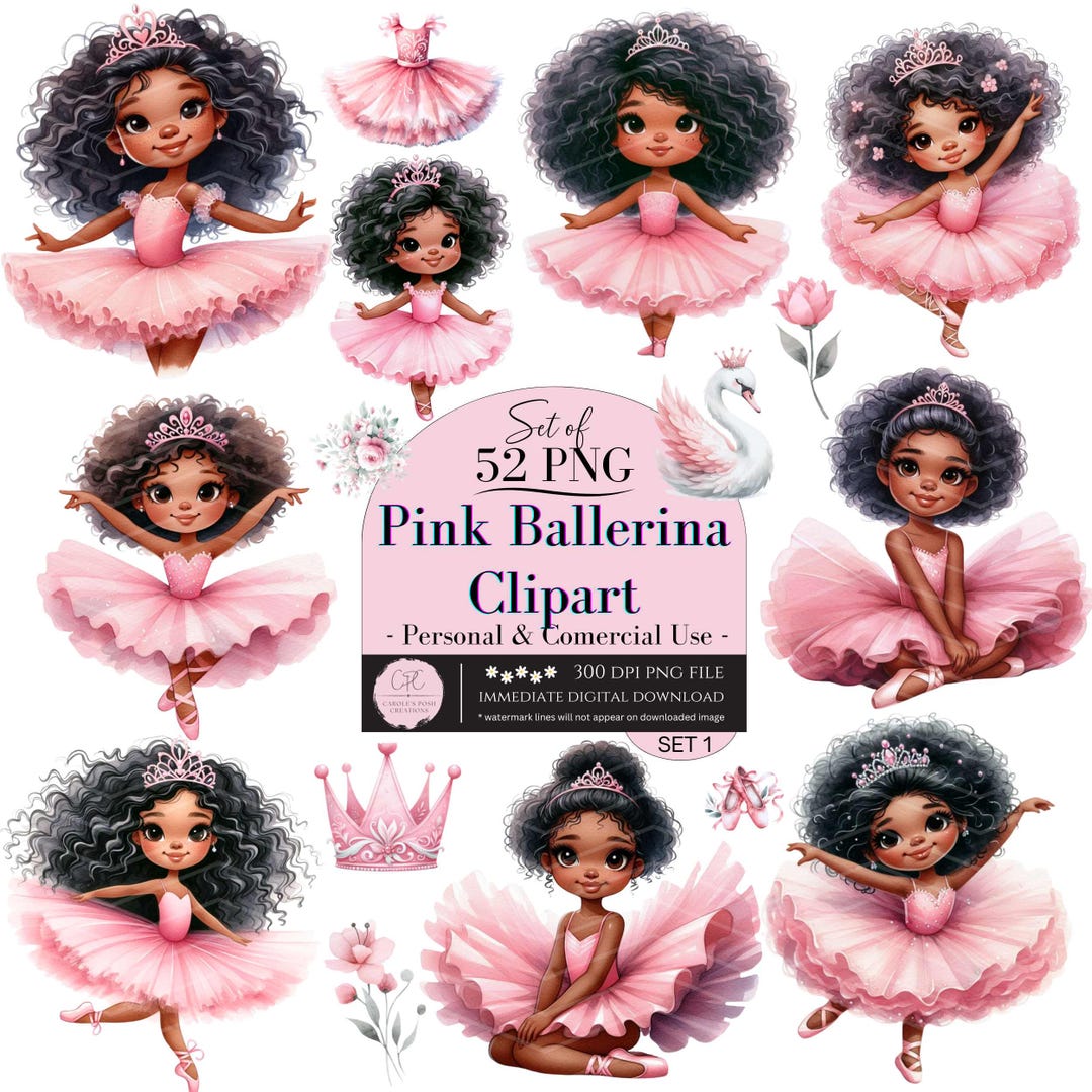 Pink Watercolor Princess Ballerina Clipart, African American Ballerina ...