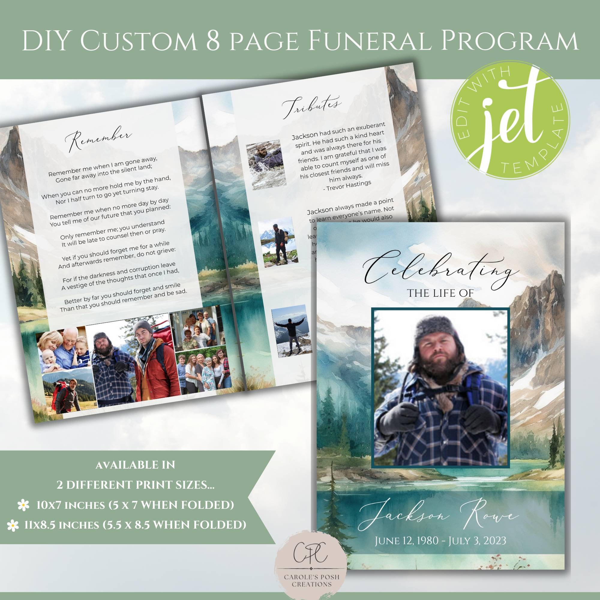 4-page Funeral Program Template, Editable Mountain Outdoors Forest ...
