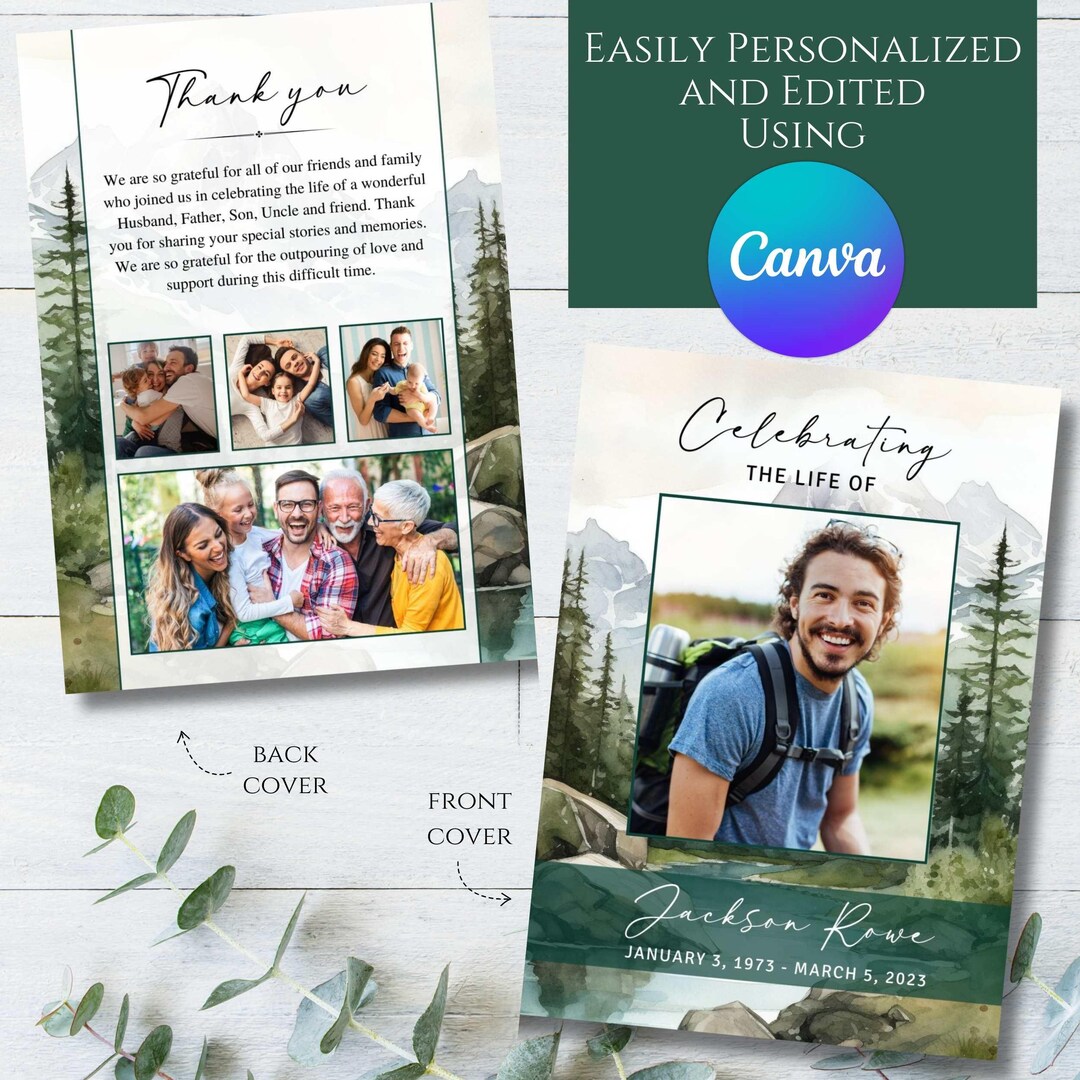 4-page Funeral Program Template, Editable Mountain Outdoors Forest ...
