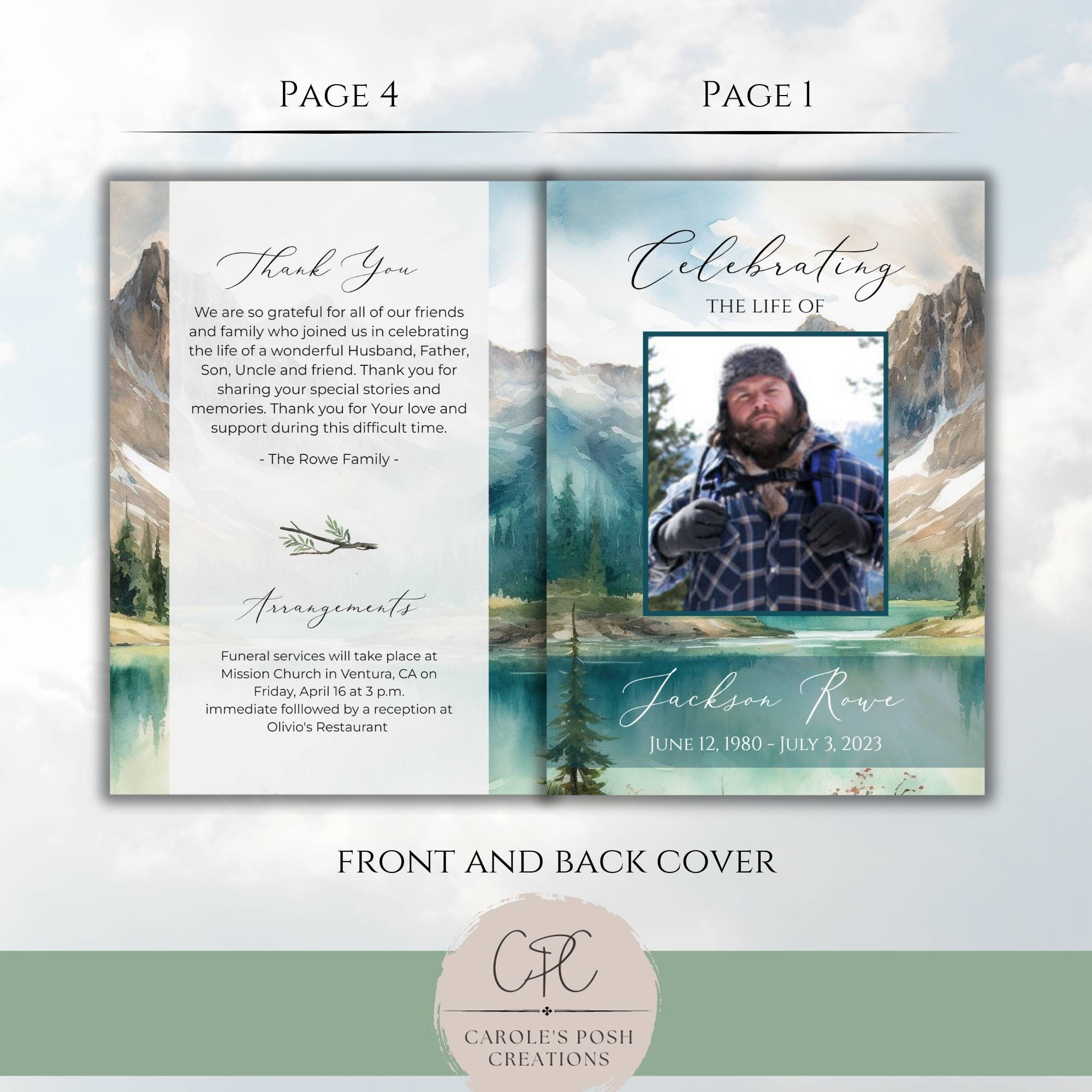 4-page Funeral Program Template, Editable Mountain Outdoors Forest ...