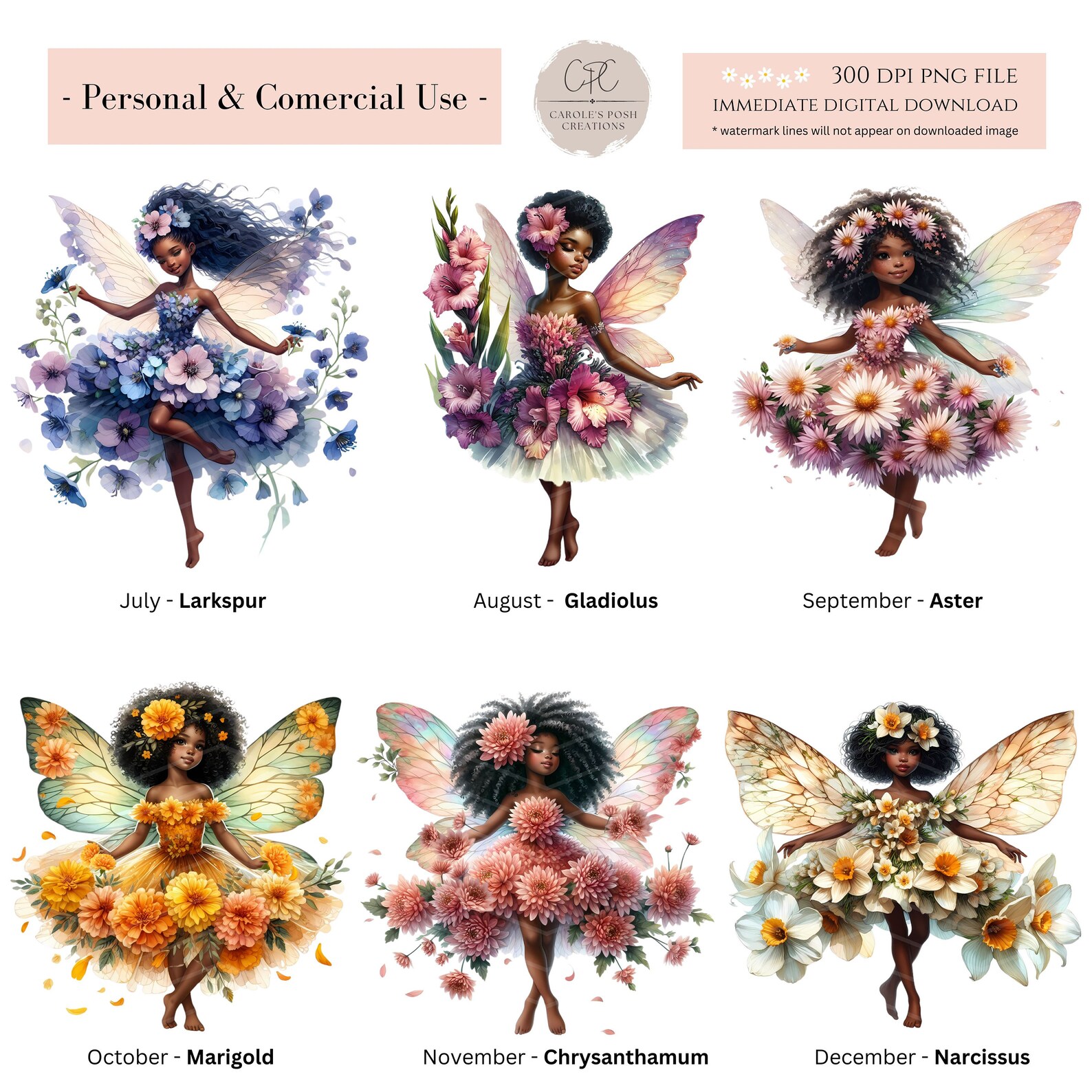 Beautiful Black Birth Month Fairy Clipart, Floral Fairy Clip Art, Birth ...