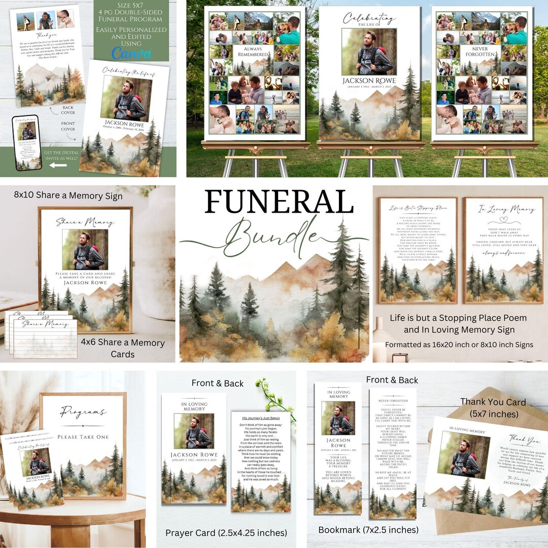 Editable Mountain Forest Photo Memorial Funeral Program Bundle ...