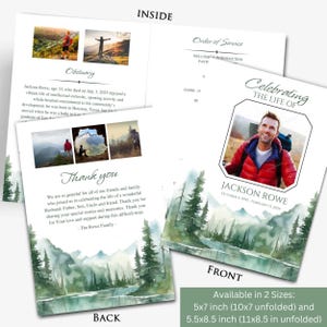Editable Mountain Outdoors Forest Hiker Photo Memorial Funeral Program ...