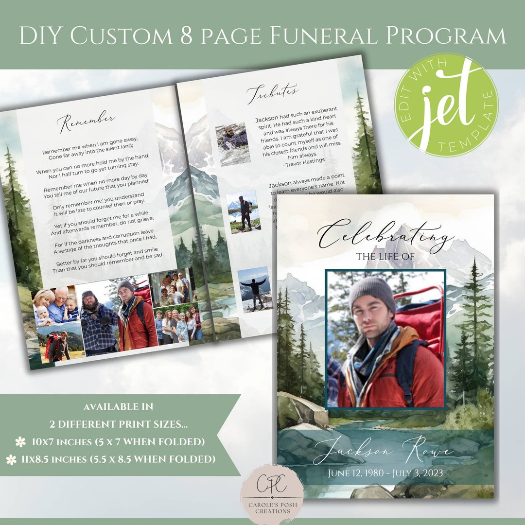 8-page Funeral Program Template, Editable Mountain Outdoors Forest ...