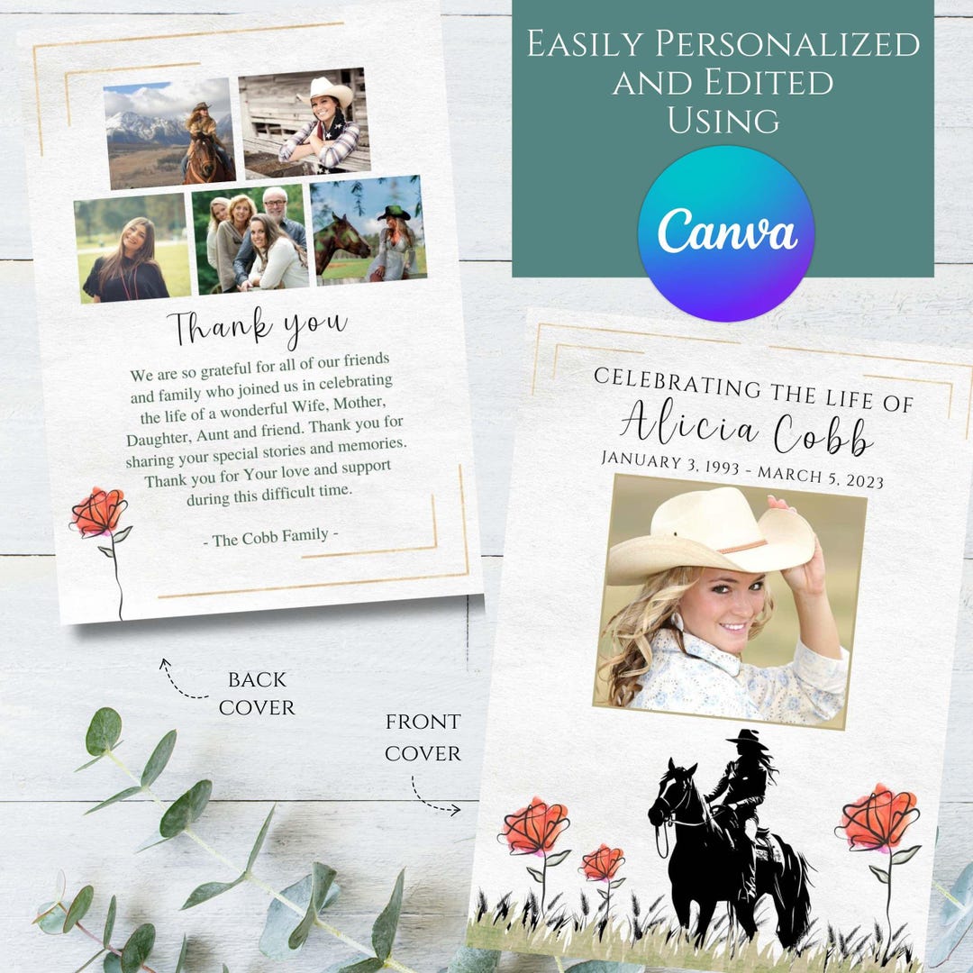 Editable Cowgirl Western Outdoors Horse Photo Memorial Funeral Program ...