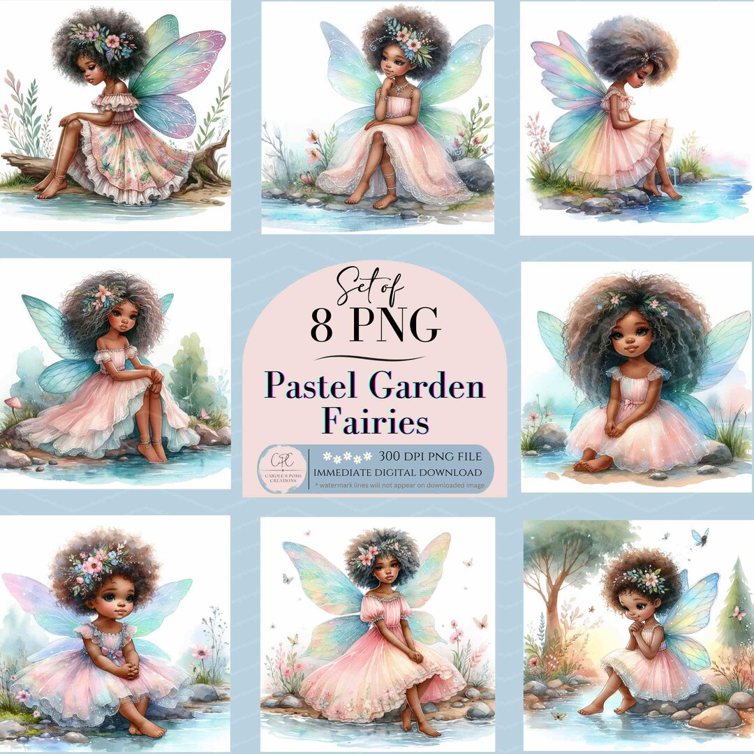 Pastel Watercolor Fairy Garden Clipart, African American Fairy, Afro ...