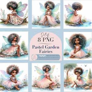 Pastel Watercolor Fairy Garden Clipart, African American Fairy, Afro ...