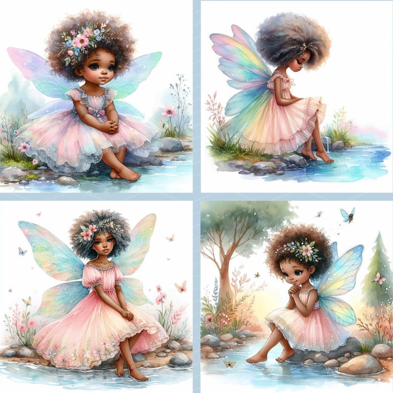 Pastel Watercolor Fairy Garden Clipart, African American Fairy, Afro ...