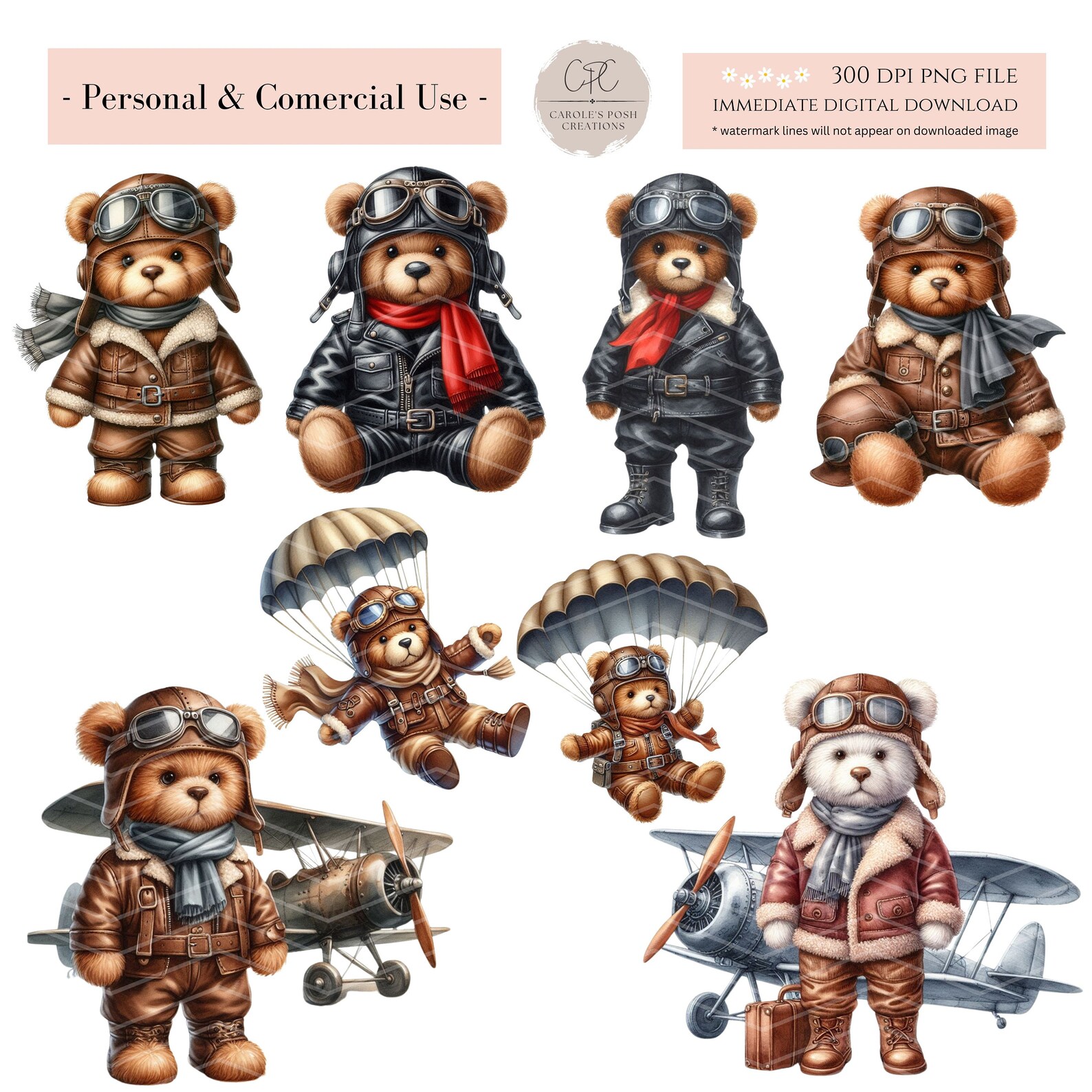 Watercolor Aviator Bear Clipart, Teddy Bears With Airplanes Clipart ...