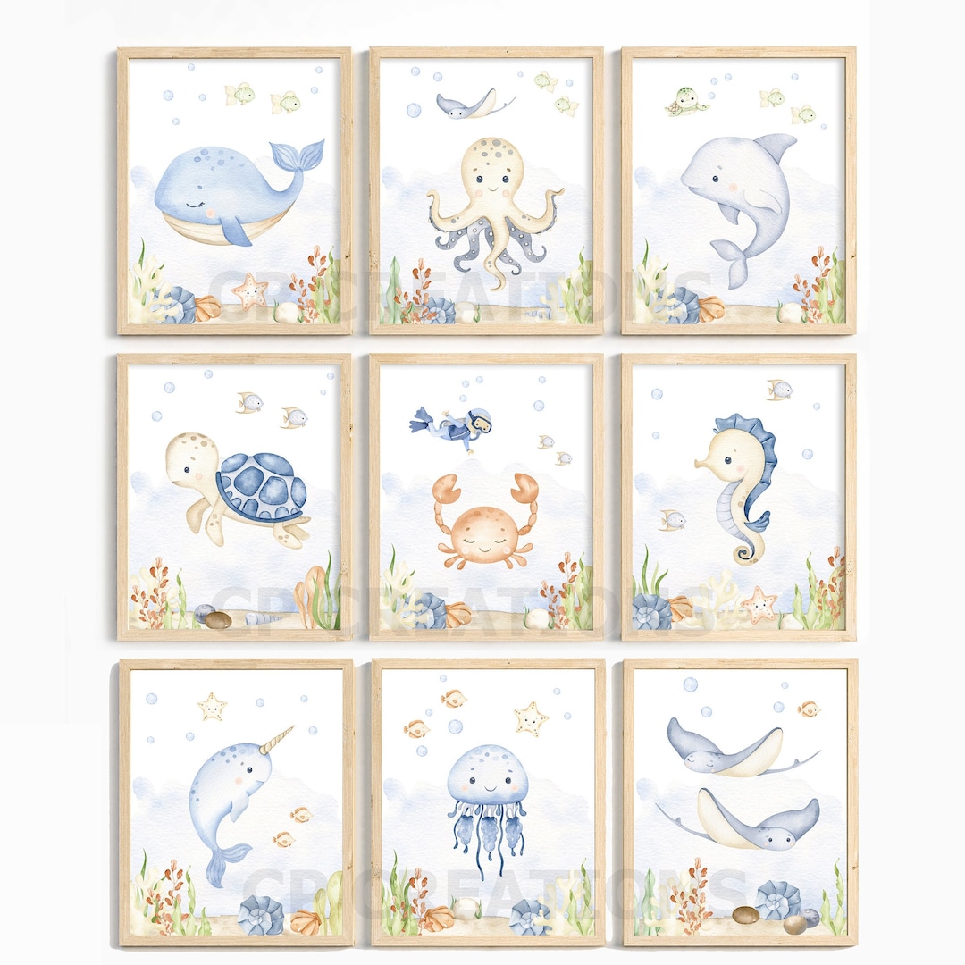 Under the Sea Watercolor Nursery Prints, Nautical Ocean Animal Wall Art ...