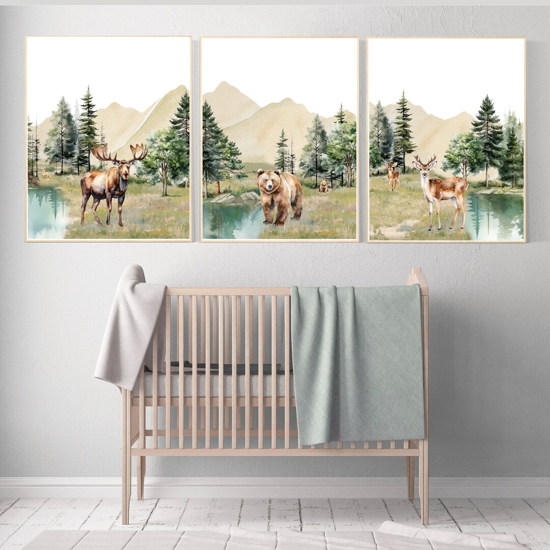 Forest Animal Watercolor Prints Nursery Wall Art, Bear Deer Moose Woods ...