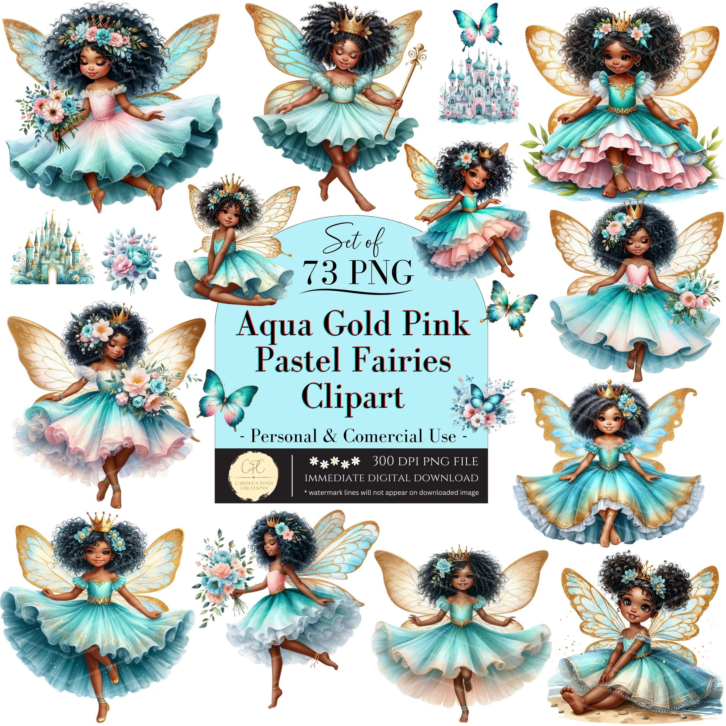 Aqua Teal Gold Pink Watercolor Fairy Garden Clipart, African American ...