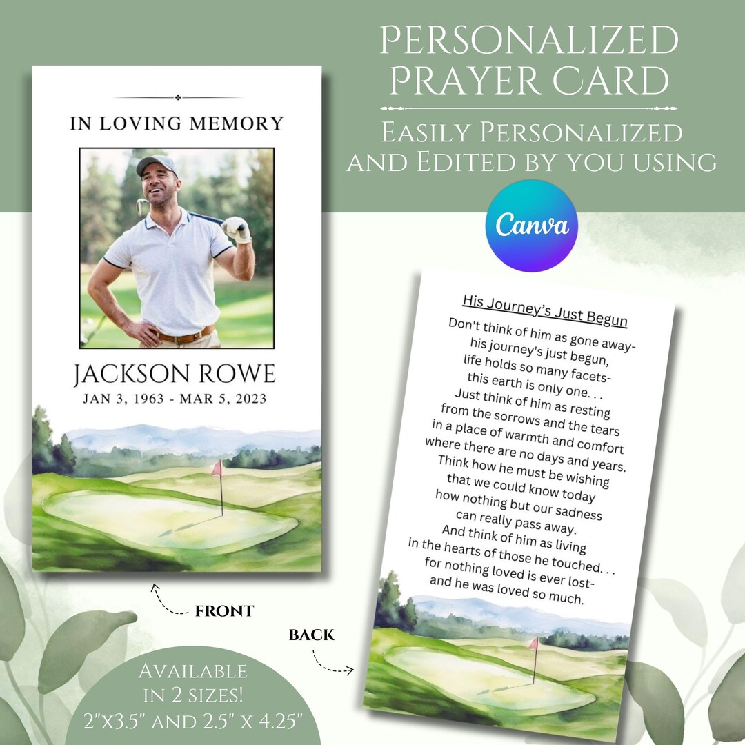 Editable Golf Golfer Outdoors Photo Memorial Funeral Prayer Card ...