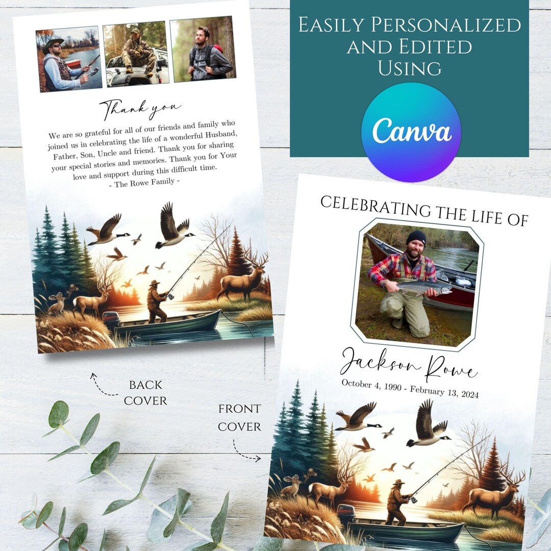Editable Fishing Hunting Mountain Outdoors Fisherman Photo Memorial ...