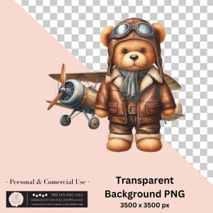 Watercolor Aviator Bear Clipart, Teddy Bears With Airplanes Clipart ...