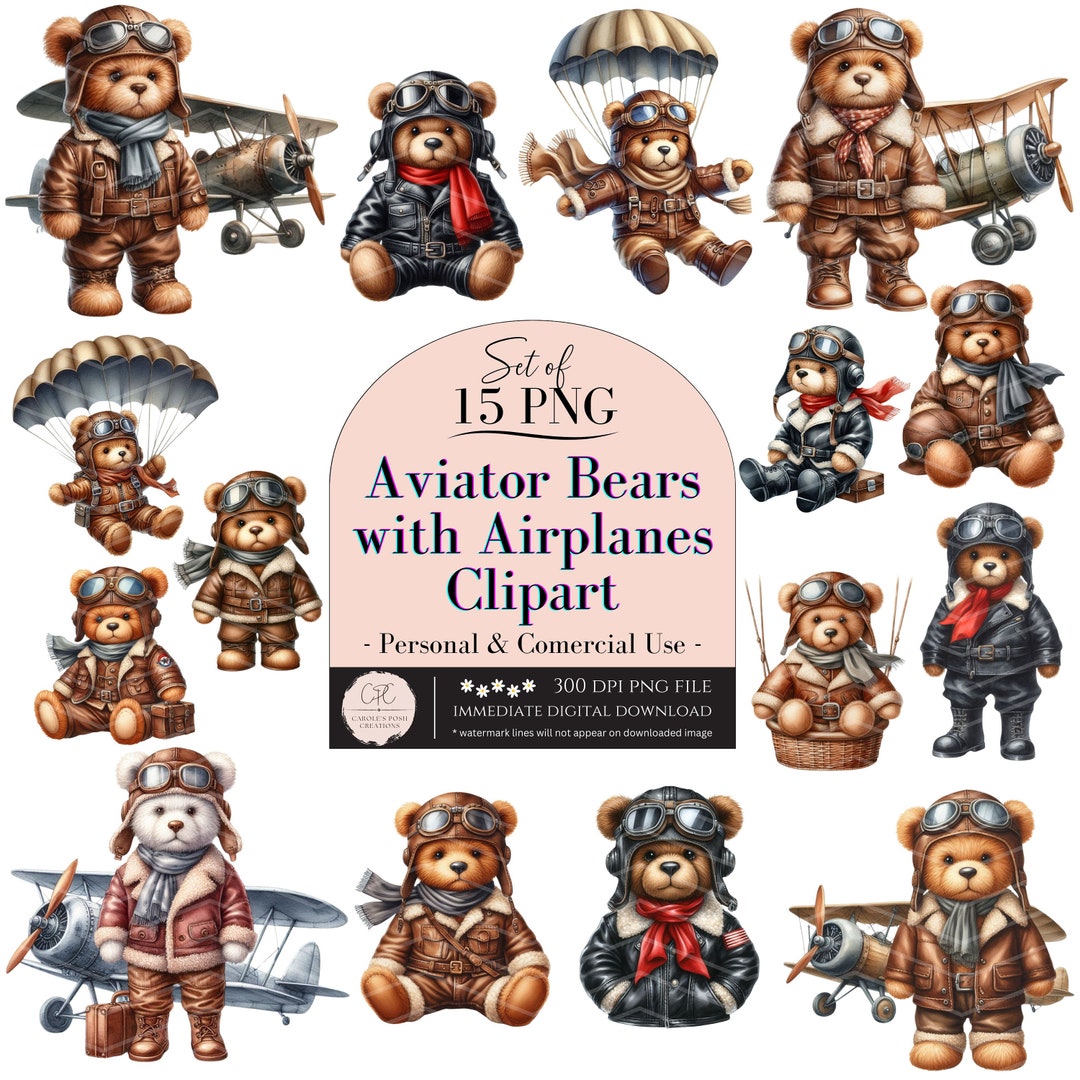 Watercolor Aviator Bear Clipart, Teddy Bears With Airplanes Clipart ...