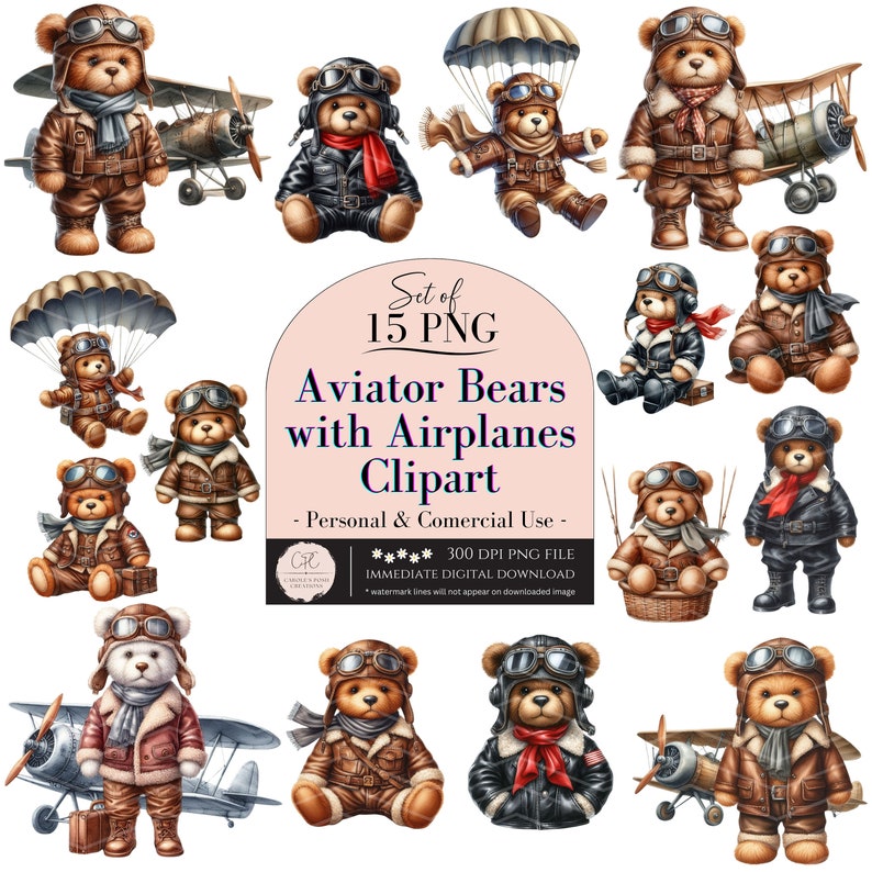 Watercolor Aviator Bear Clipart, Teddy Bears With Airplanes Clipart ...