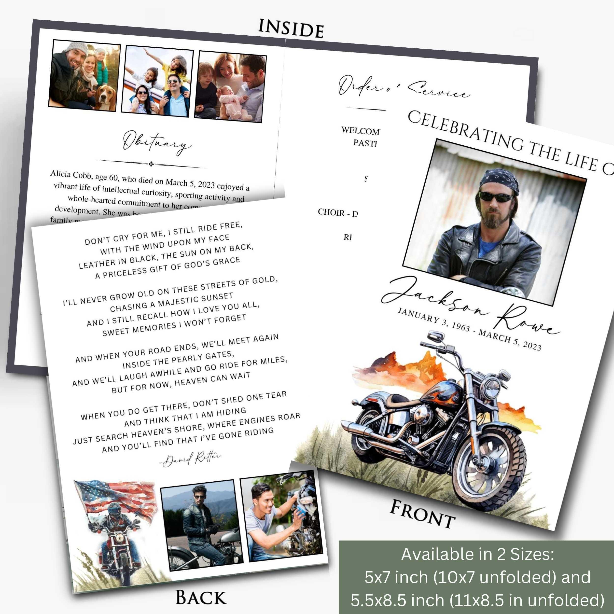 Editable Motorcycle Biker Photo Memorial Funeral Program Template ...