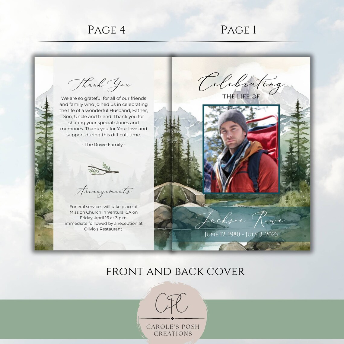 4-page Funeral Program Template, Editable Mountain Outdoors Forest ...