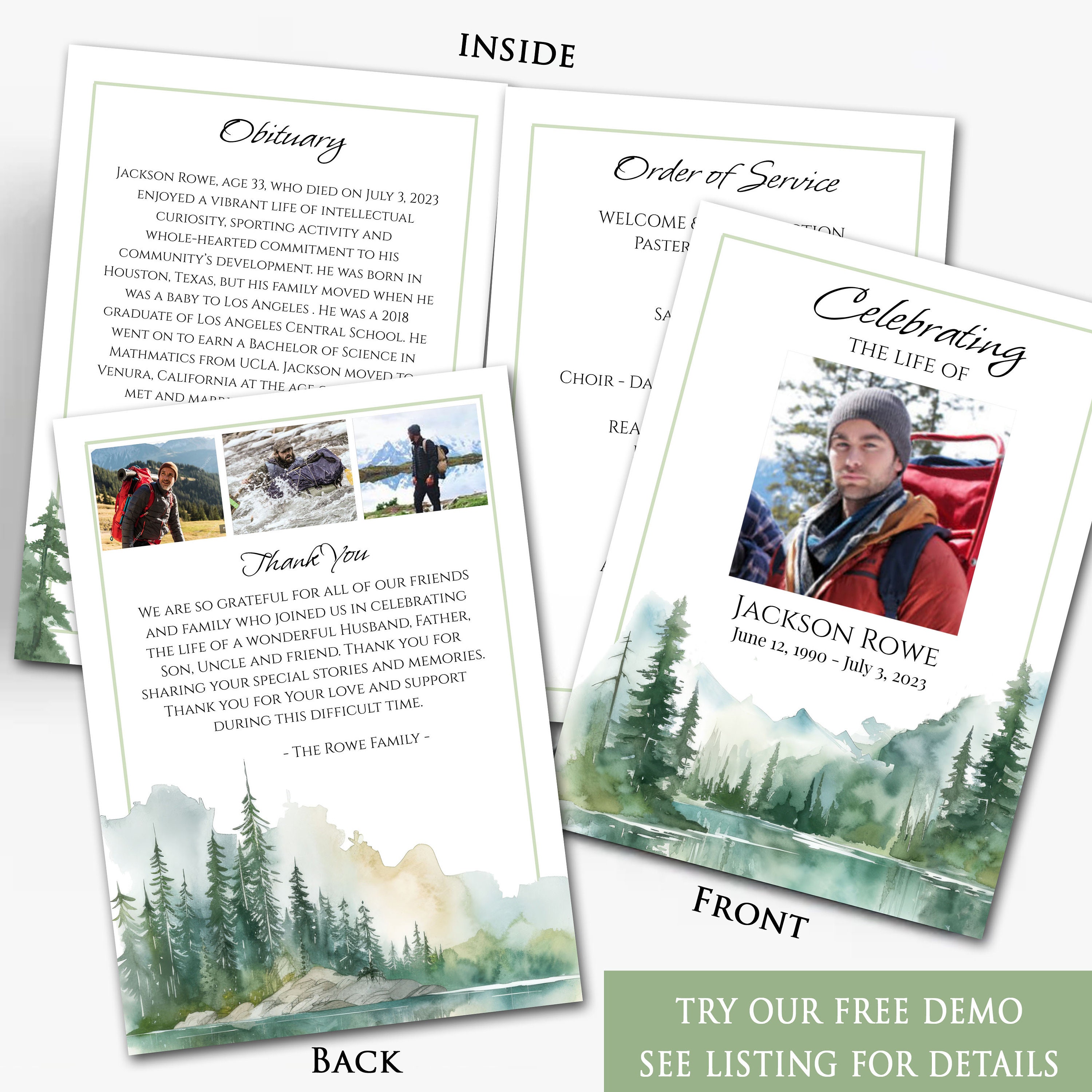 Editable Mountain Outdoors Forest Hiker Photo Memorial Funeral Program ...