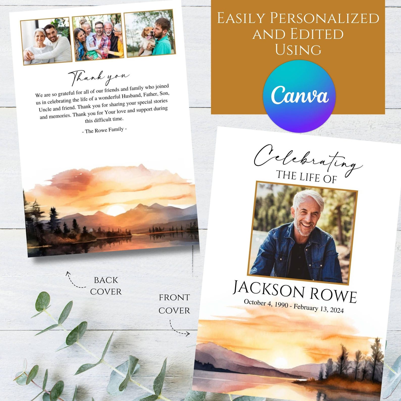 Editable Outdoors Sunset Mountain Forest Hiker Photo Memorial Funeral ...