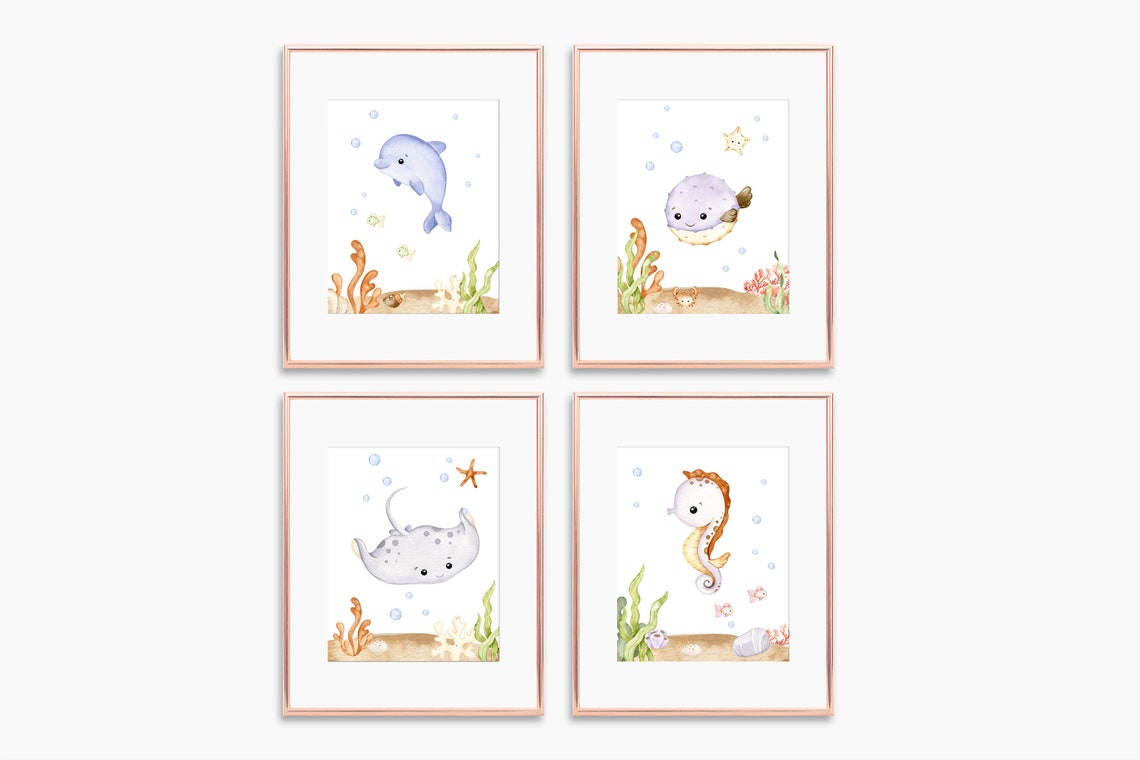 Under the Sea Watercolor Nursery Prints, Nautical Ocean Animal Wall Art ...