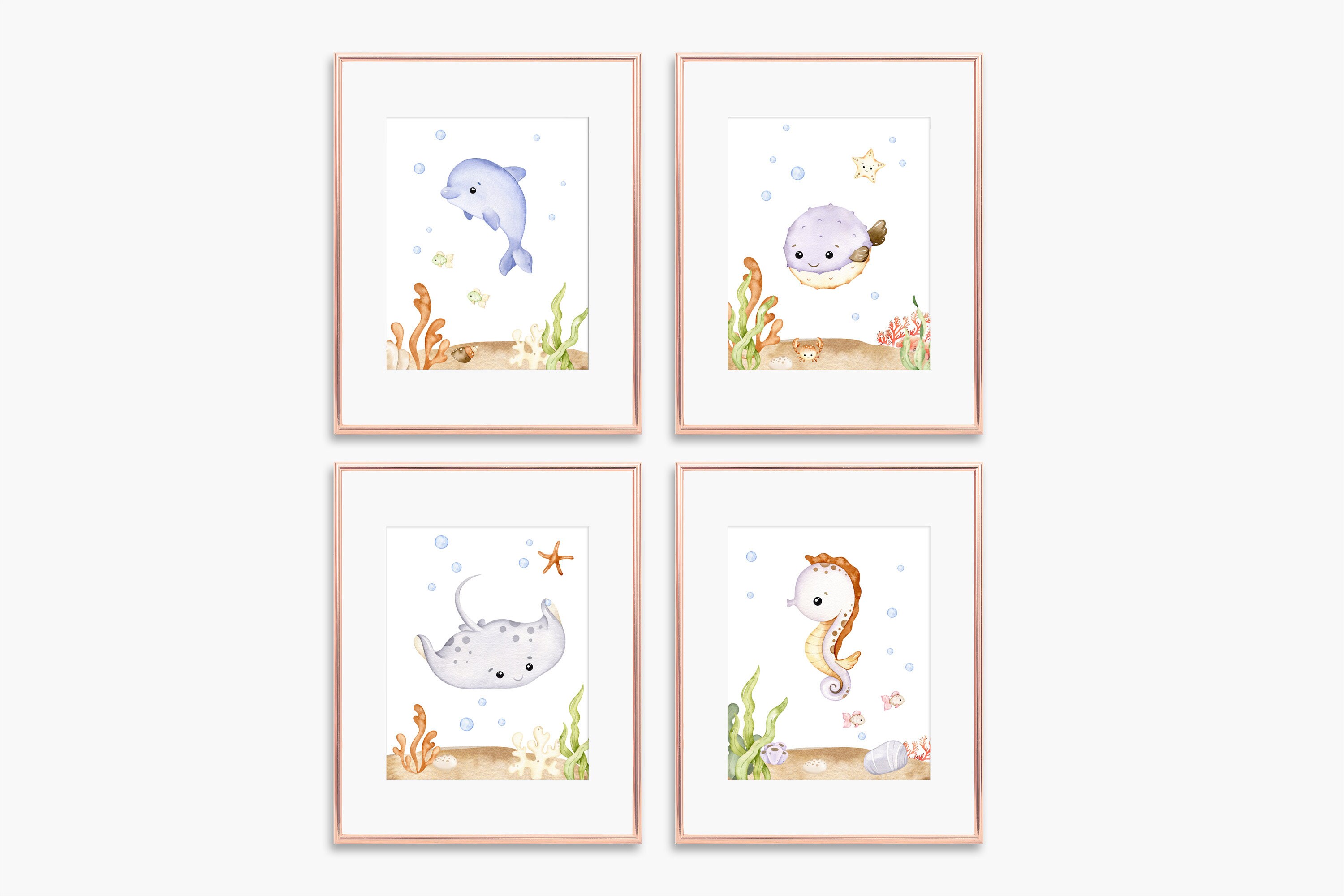 Under the Sea Watercolor Nursery Prints, Nautical Ocean Animal Wall Art ...