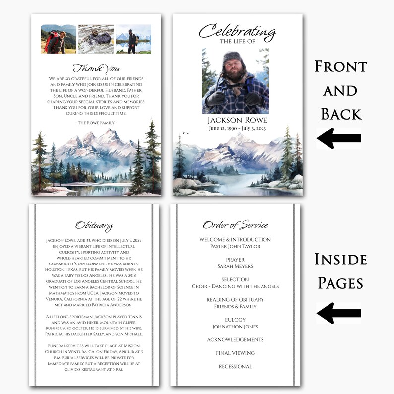 Editable Mountain Outdoors Forest Hiker Photo Memorial Funeral Program ...