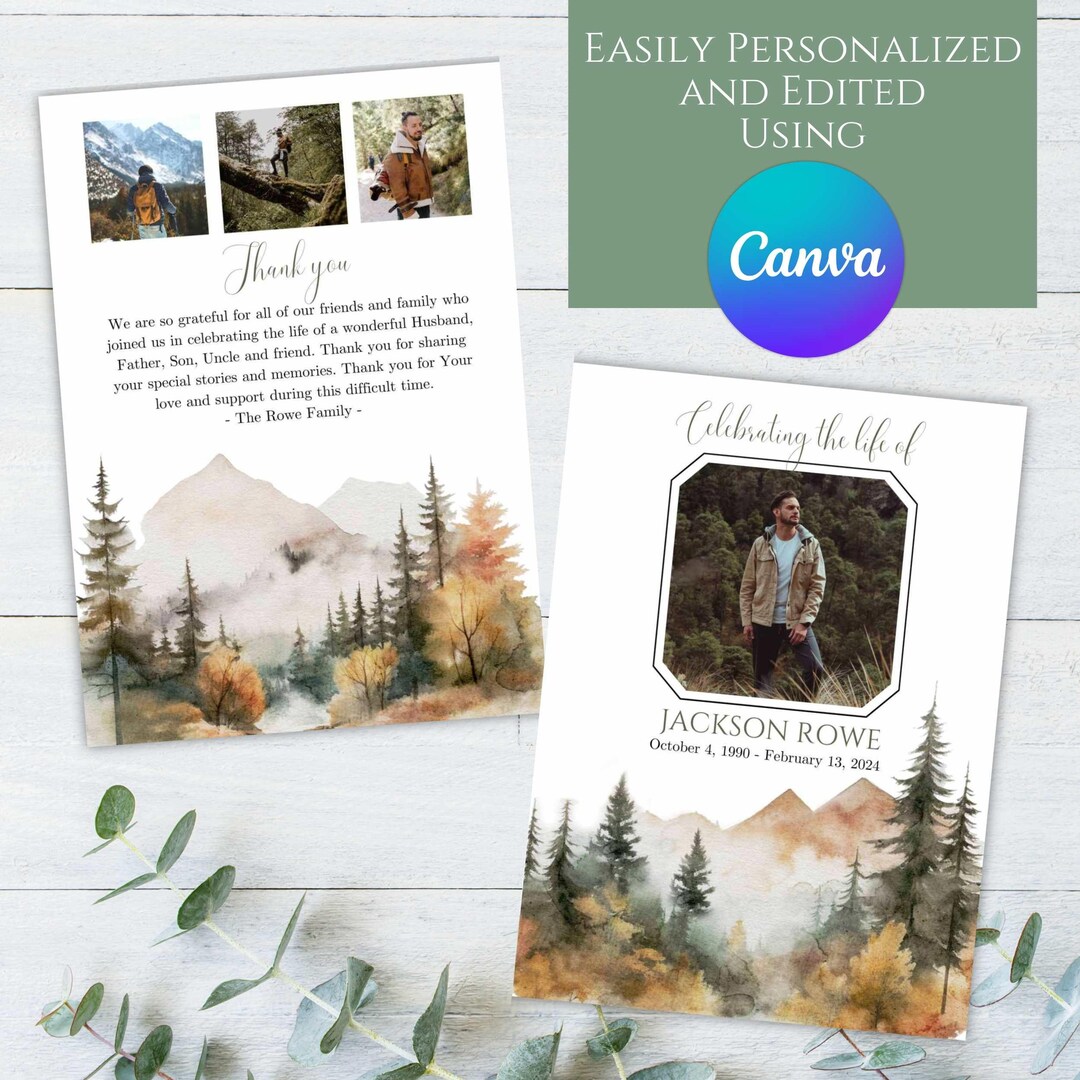 Editable Mountain Outdoors Forest Hiker Photo Memorial Funeral Program ...