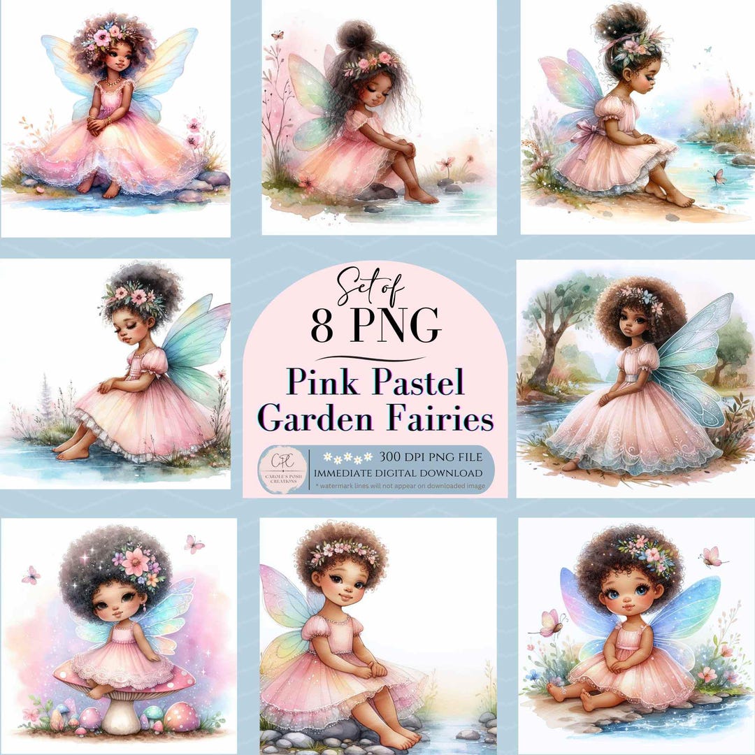 Pink Pastel Watercolor Garden Fairy Clipart, African American Fairy ...