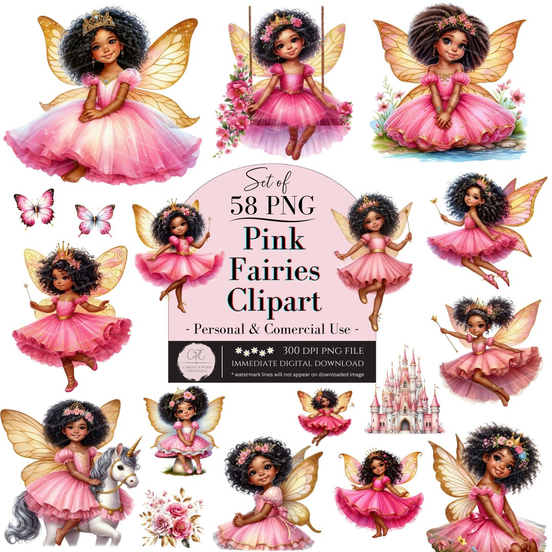 Pink Watercolor Fairy Garden Clipart, African American Fairy, Afro ...