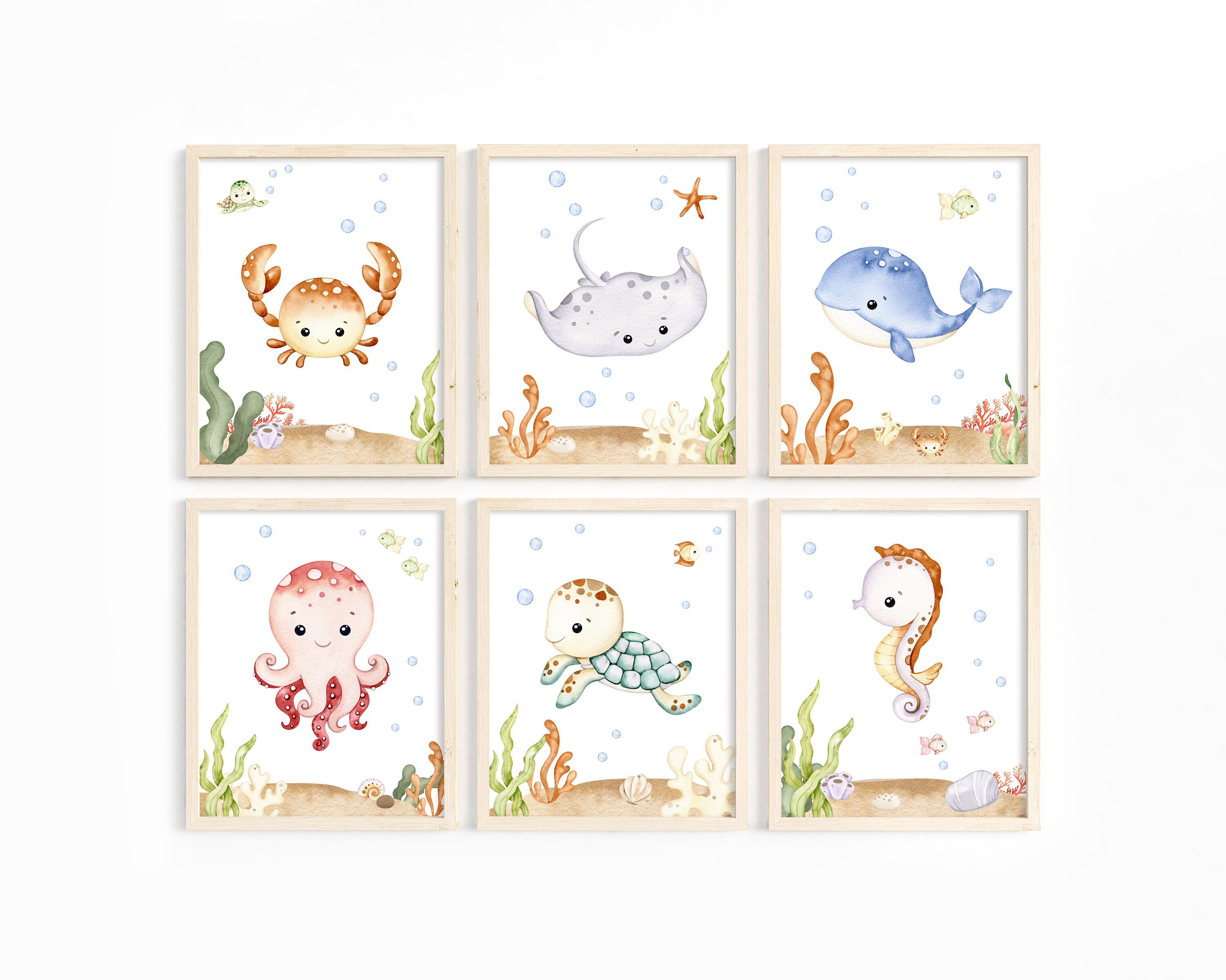 Under the Sea Watercolor Nursery Prints, Nautical Ocean Animal Wall Art ...