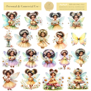 Yellow Daisy Watercolor Fairy Garden Clipart, African American Fairy ...