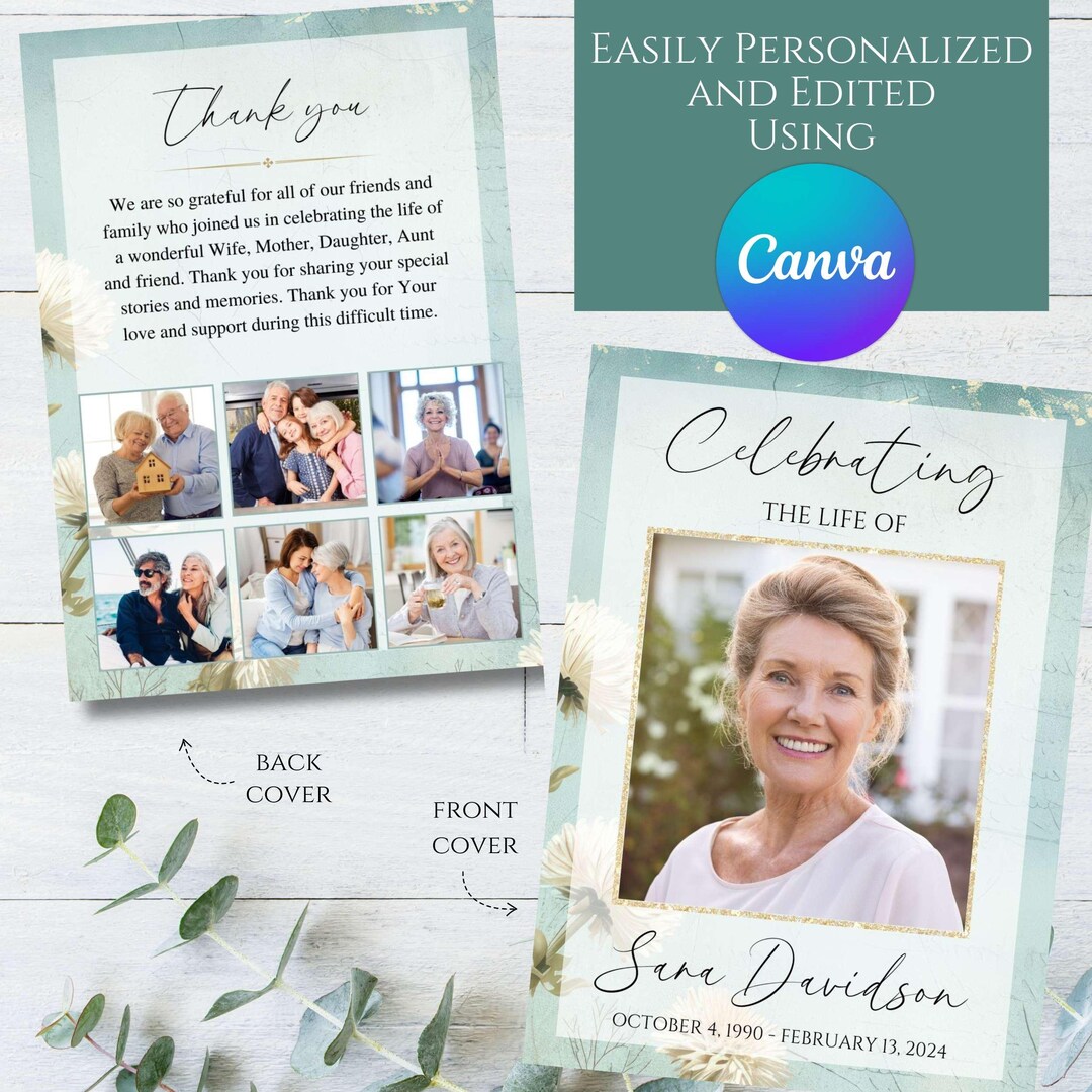 4-page Dandelion Funeral Program Canva Template, Editable Celebration ...