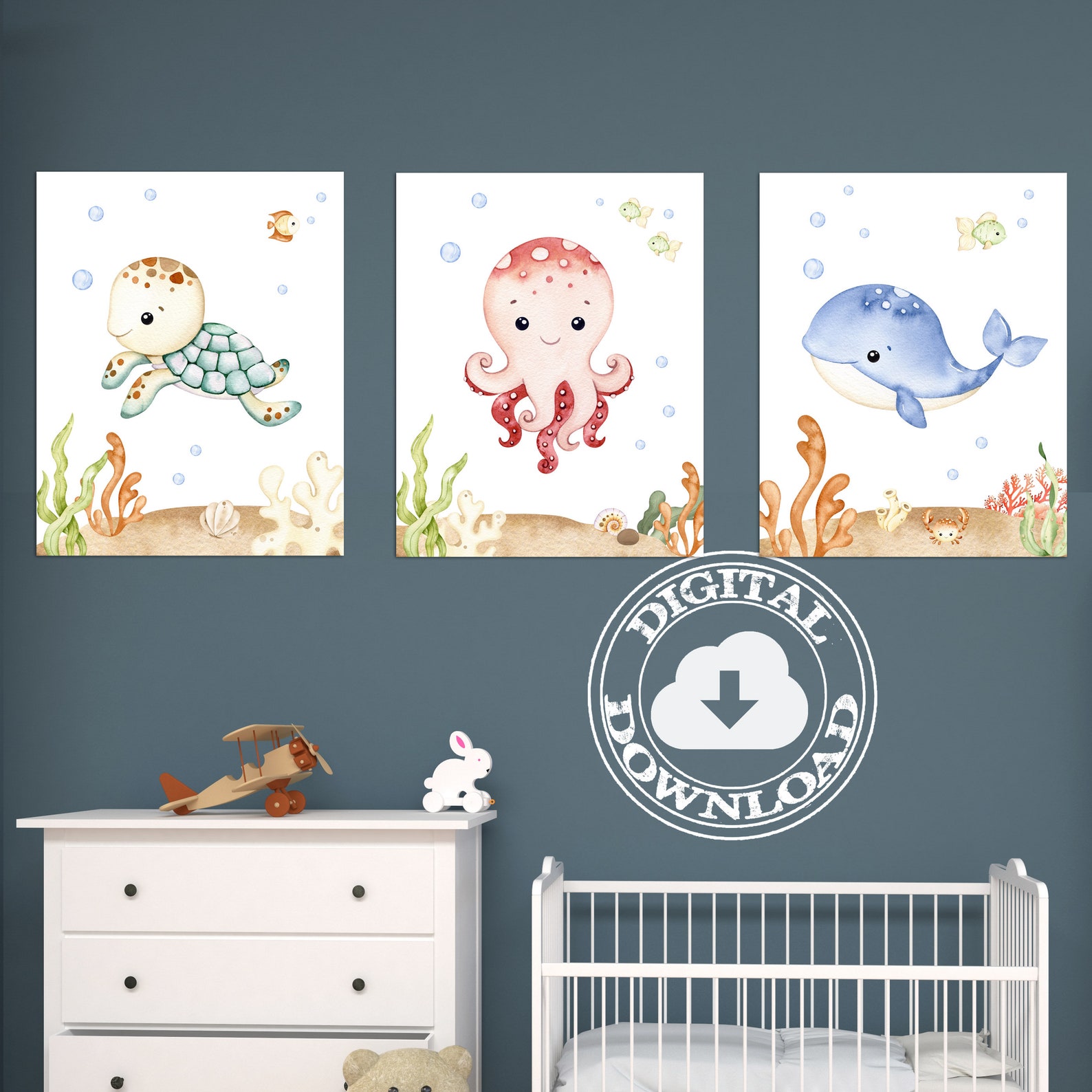 Under the Sea Watercolor Nursery Prints, Nautical Ocean Animal Wall Art ...