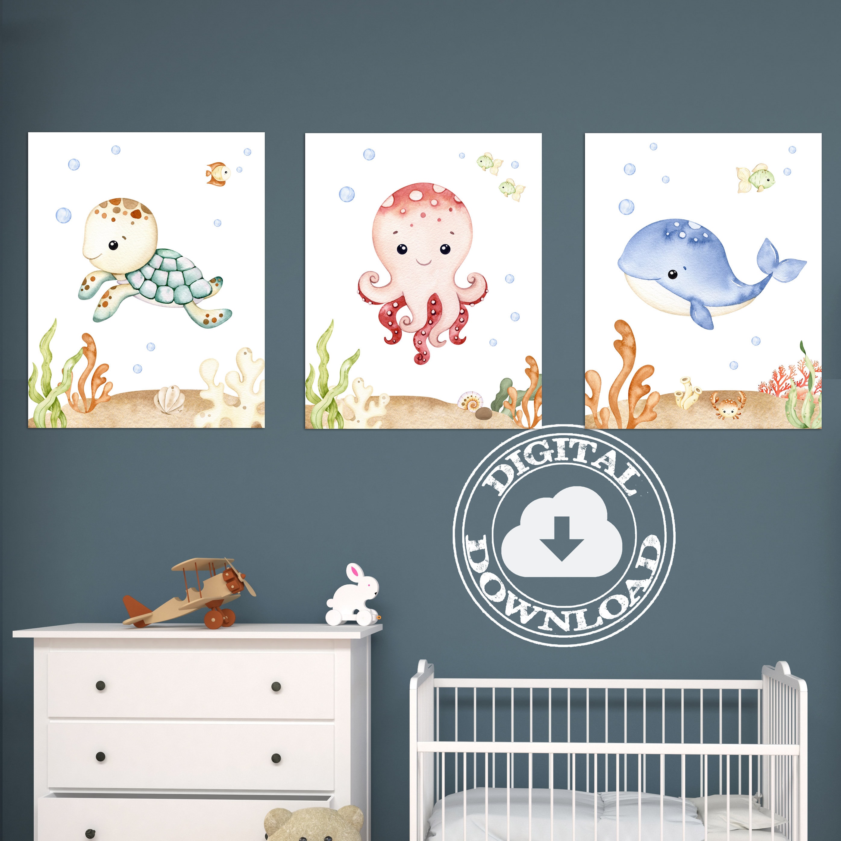 Under the Sea Watercolor Nursery Prints, Nautical Ocean Animal Wall Art ...