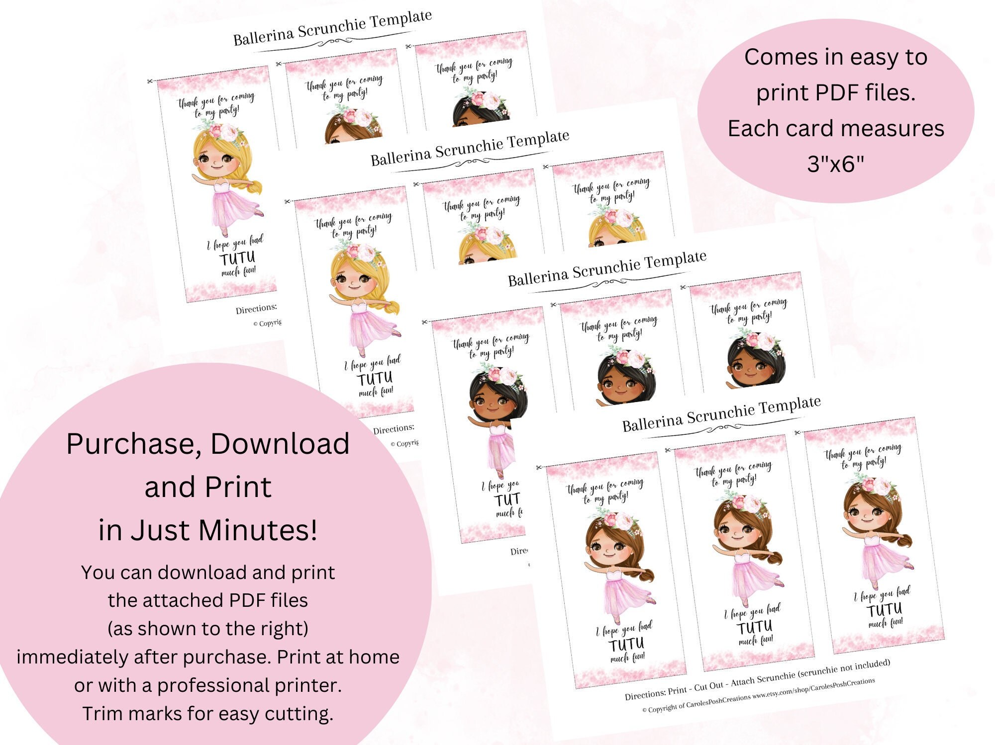 Ballerina Scrunchie Card Template, Ballet Dancer Party Favor, Ballerina ...